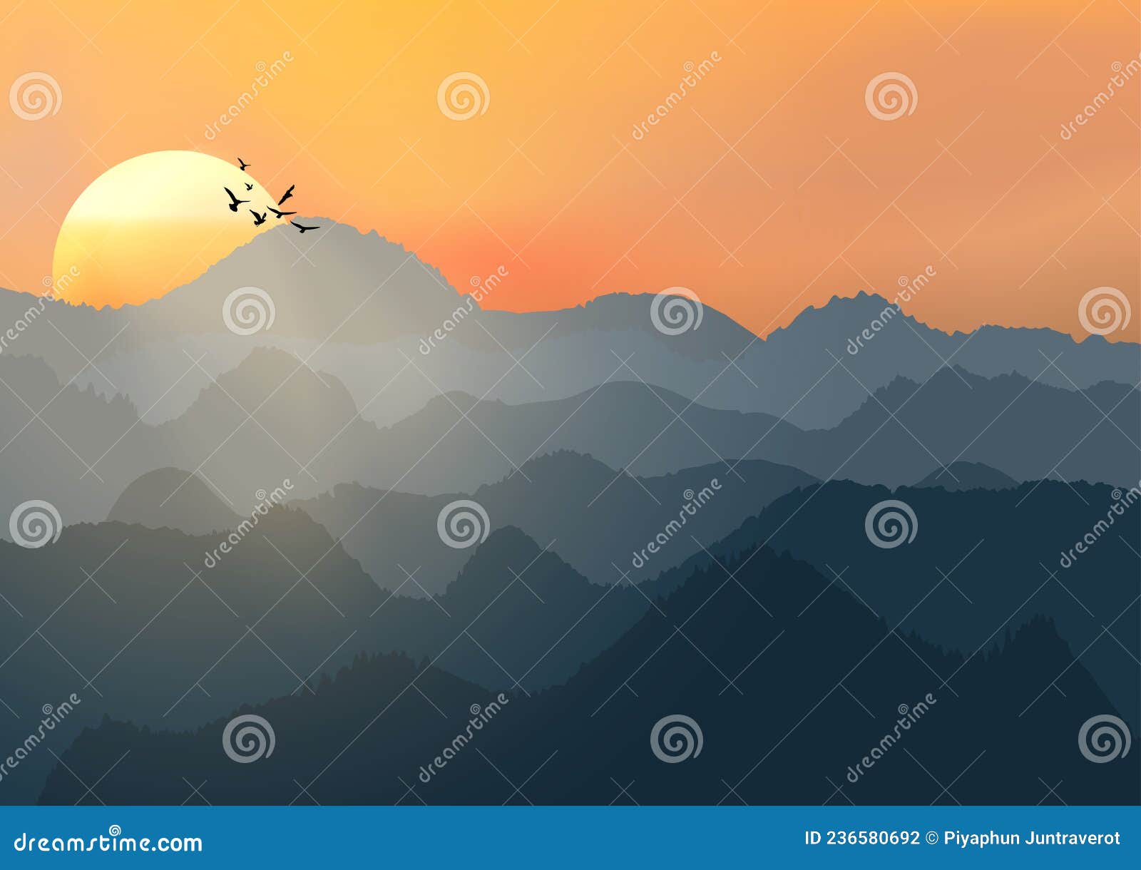 Graphics Drawing Landscape View Sunrise in the Morning with Mountain ...