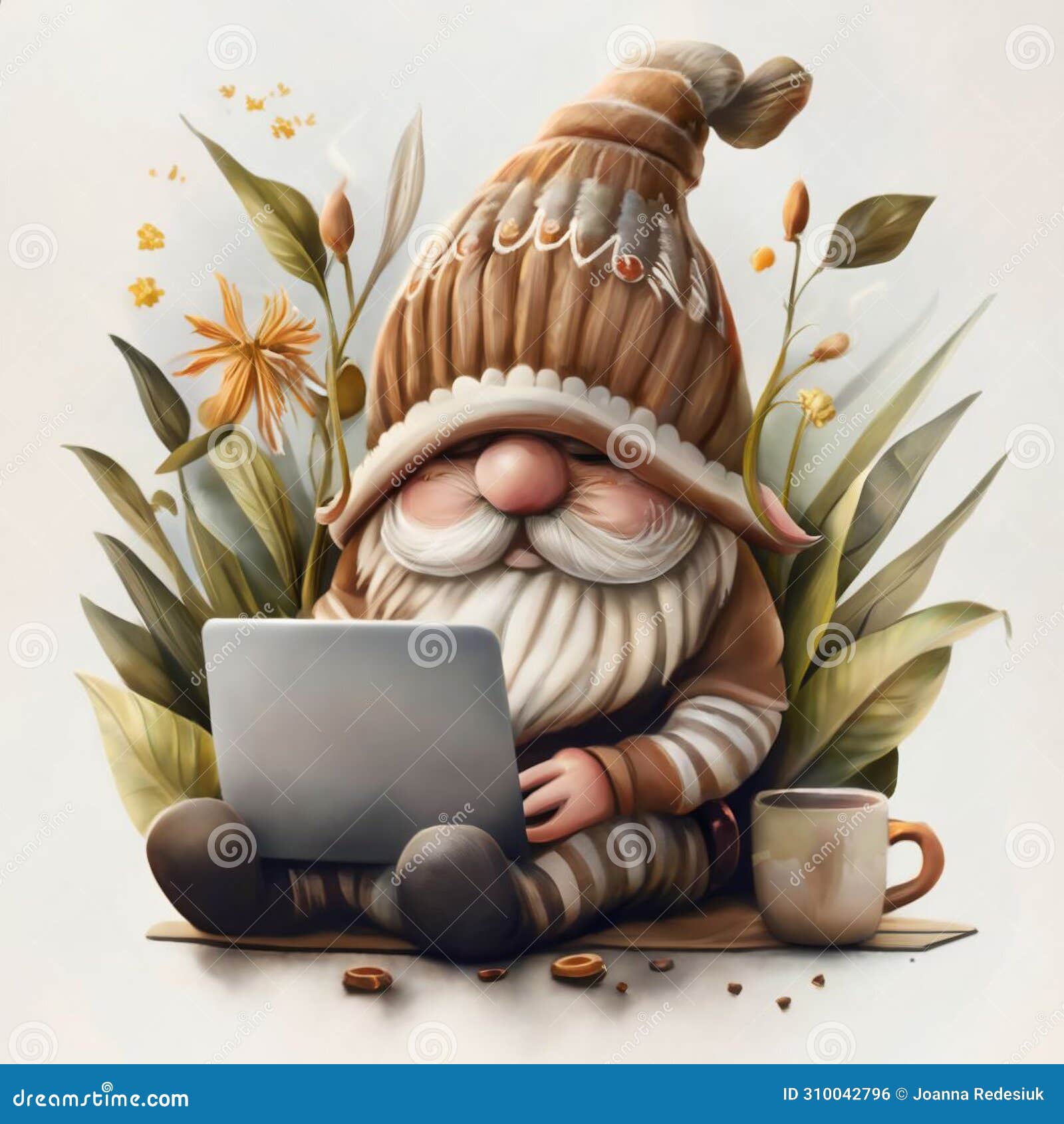 Graphics of a Elf Working on a Computer and Drinking Coffee Stock Photo ...