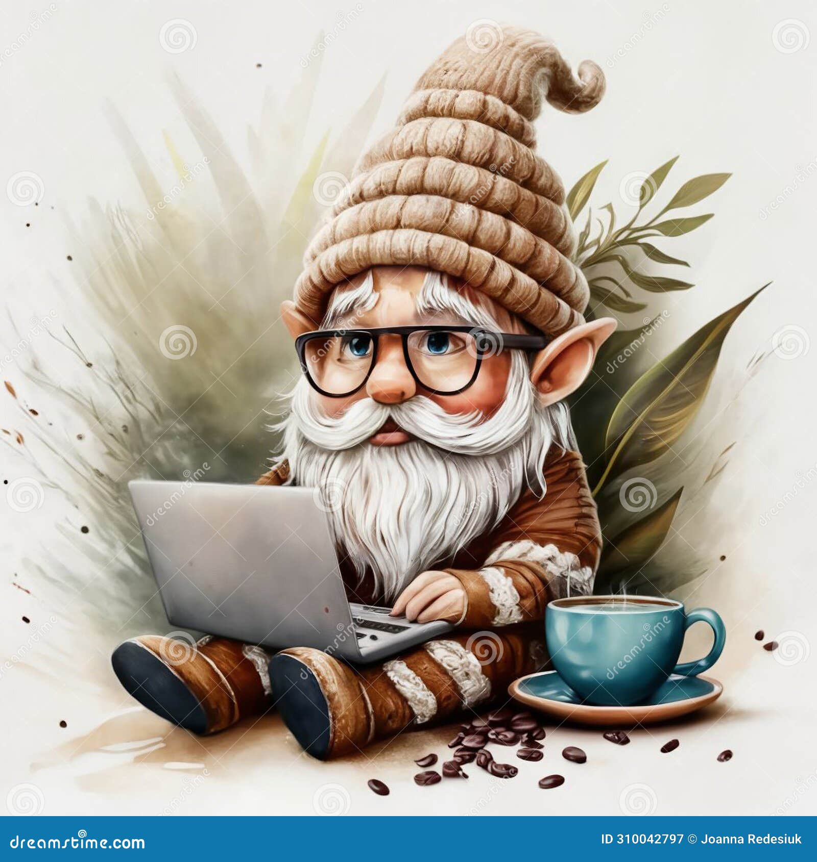 Graphics of a Elf Working on a Computer and Drinking Coffee Stock ...
