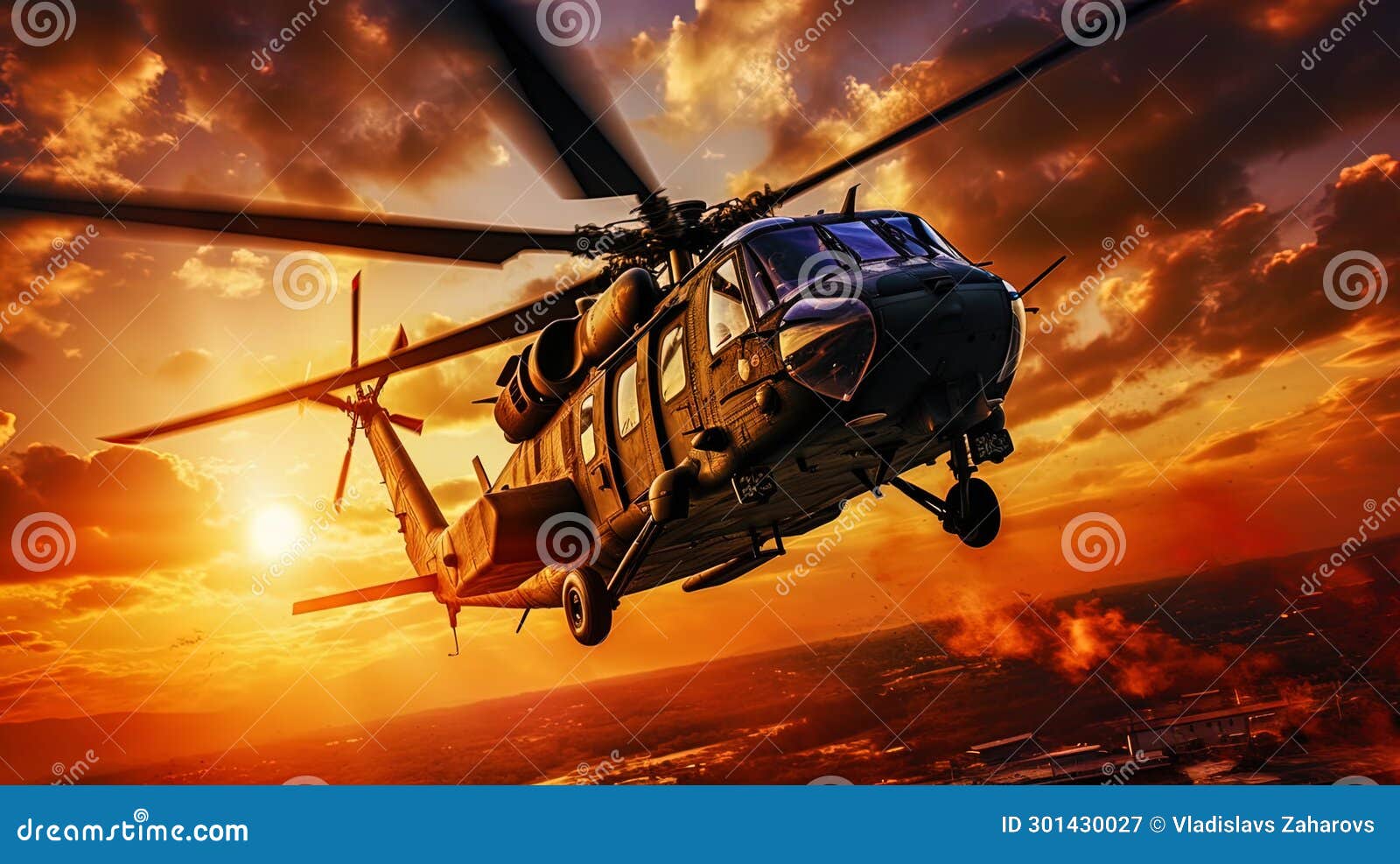 Graphics with a Helicopter Against the Backdrop of the Setting Sun ...