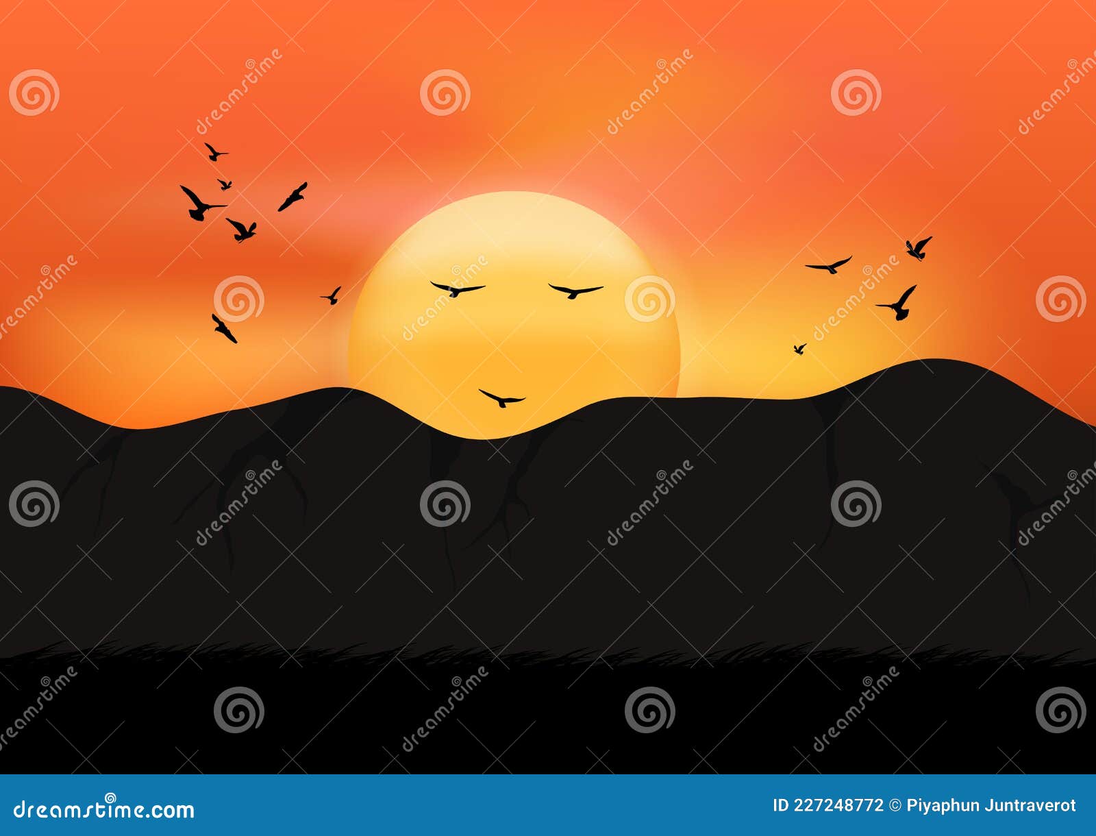 Graphics Image Drawing Sunset and Mountain Landscape View Outdoor Stock ...
