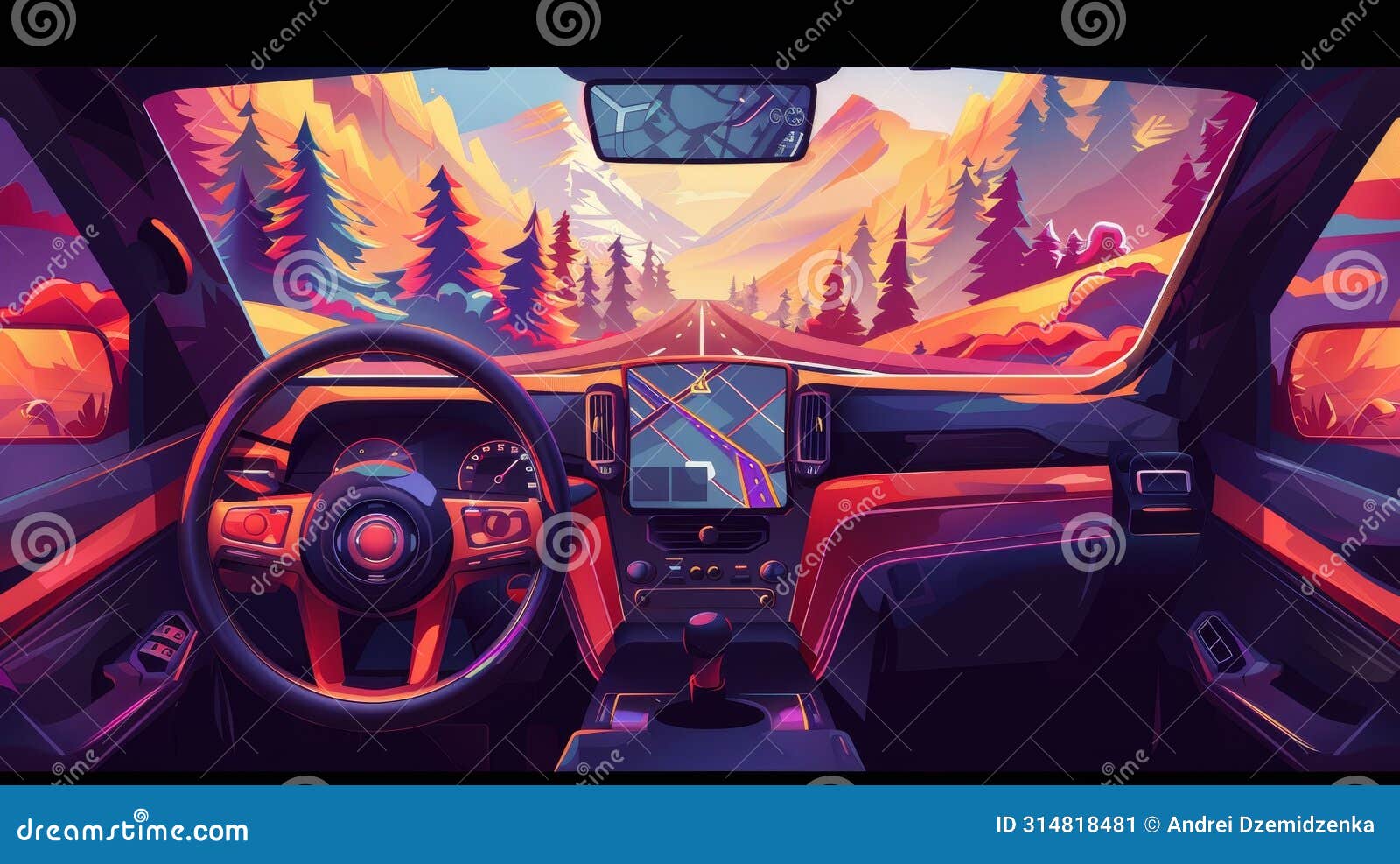 Graphite Cartoon Illustration of Vehicle Dashboard with Forest Road ...