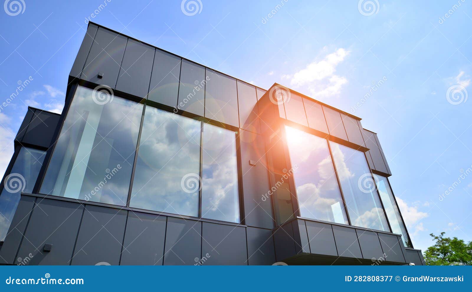 Graphite Facade and Large Windows on a Fragment of an Office Building ...
