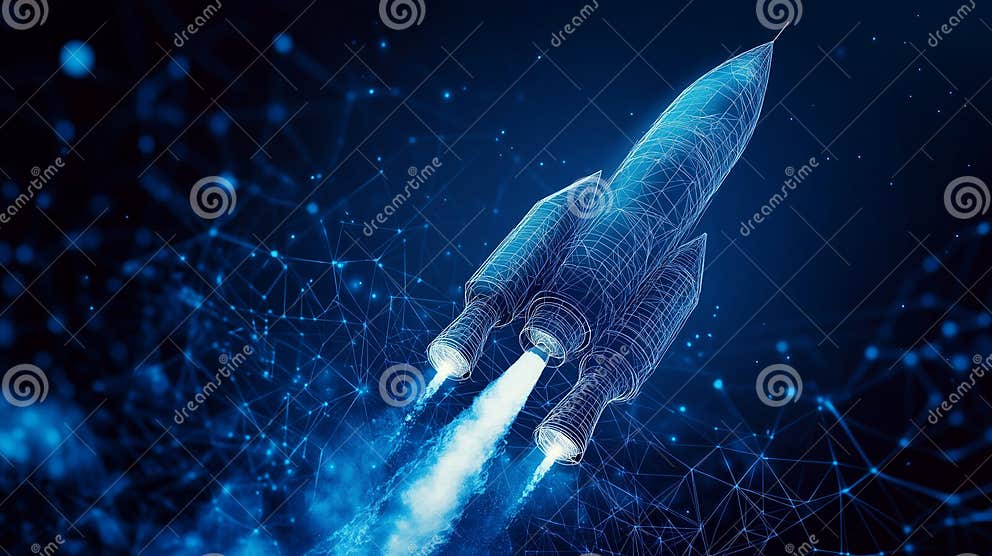 Graphite Rocket Launch Concept, Blue Geometric Background, Wireframe ...