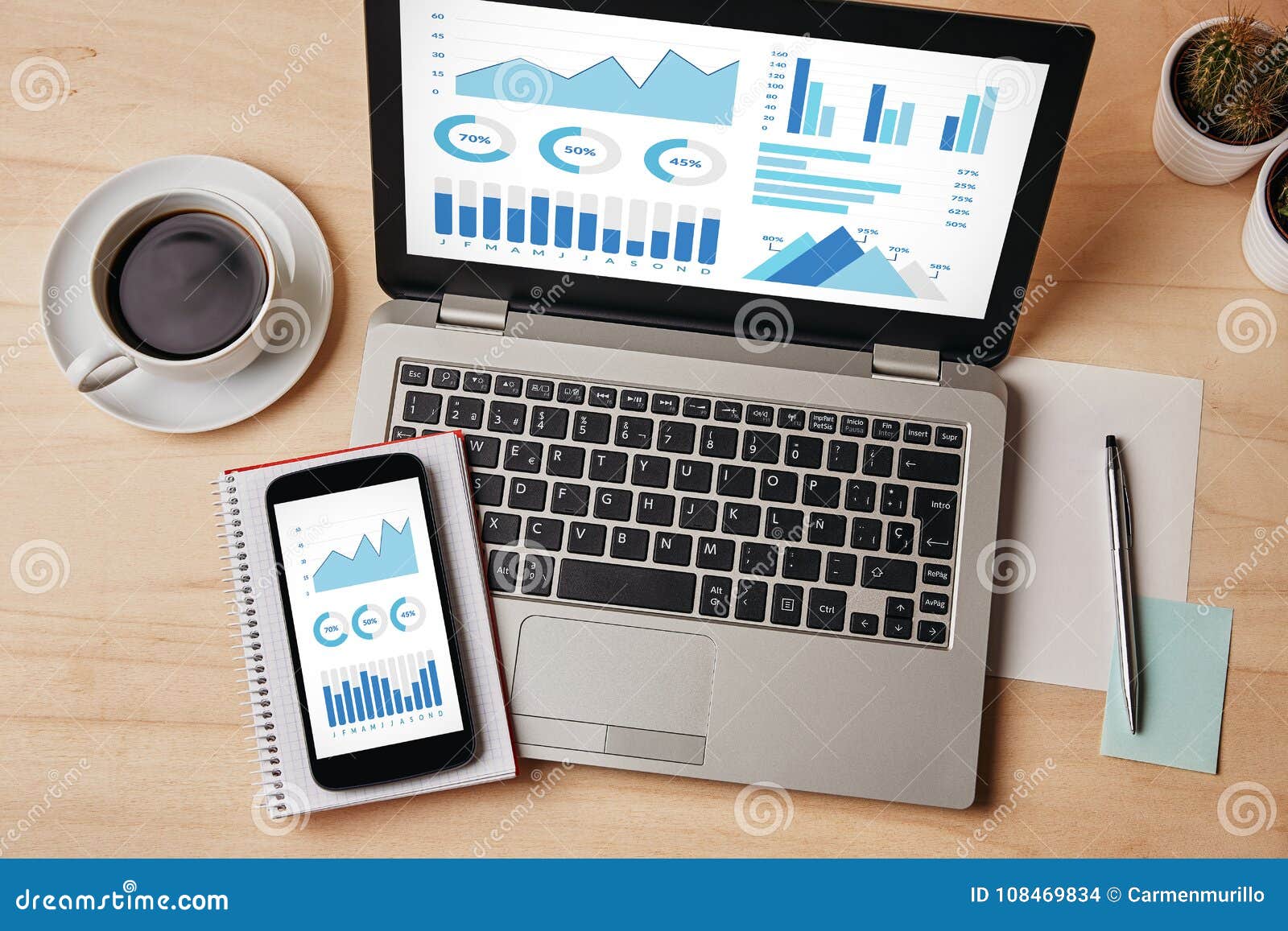 Graphs and Charts Elements on Laptop and Smartphone Screen Stock Photo ...