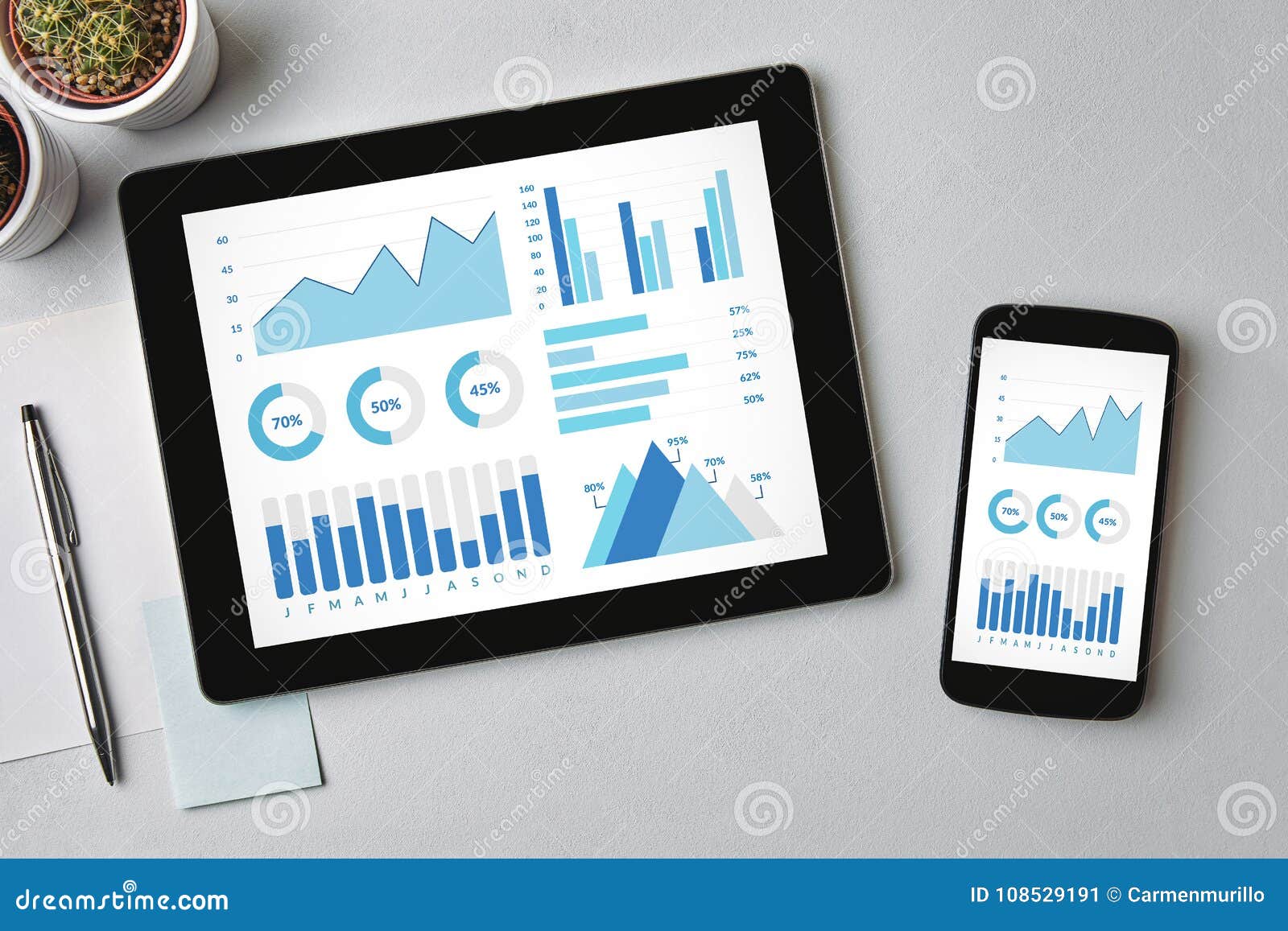 Graphs and Charts Elements on Tablet and Smartphone Screen Stock Image ...
