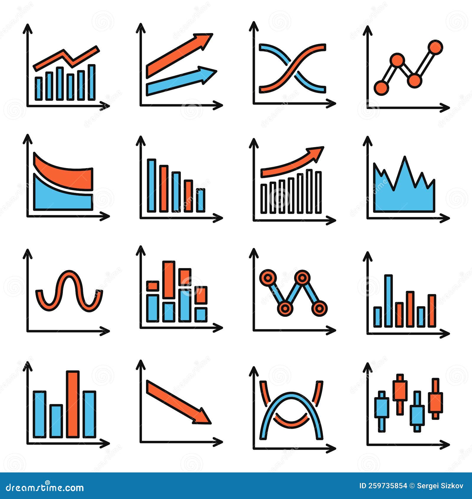 Graphs and Charts Icons Set on White Background. Vector Stock Vector ...