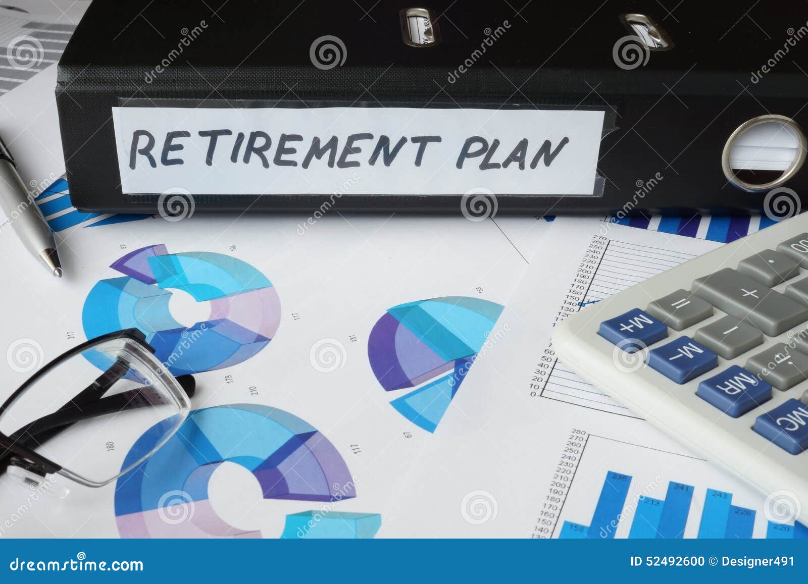 Graphs and File Folder with Label Retirement Plan. Stock Photo - Image ...