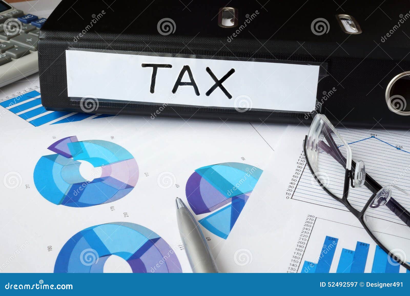 Graphs and File Folder with Label Tax. Stock Image - Image of financial ...