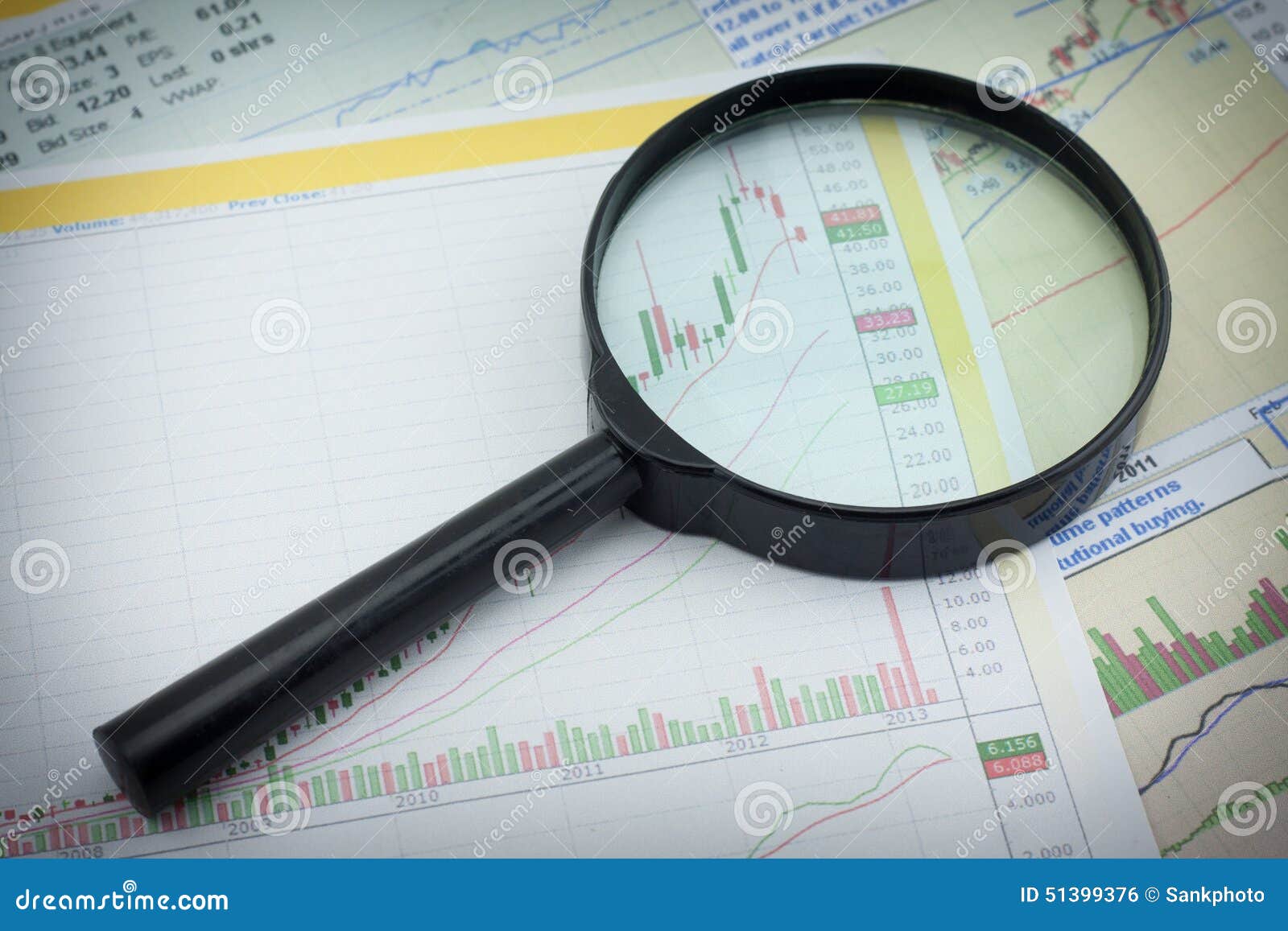Graphs, magnifier and pen stock photo. Image of goal - 51399376
