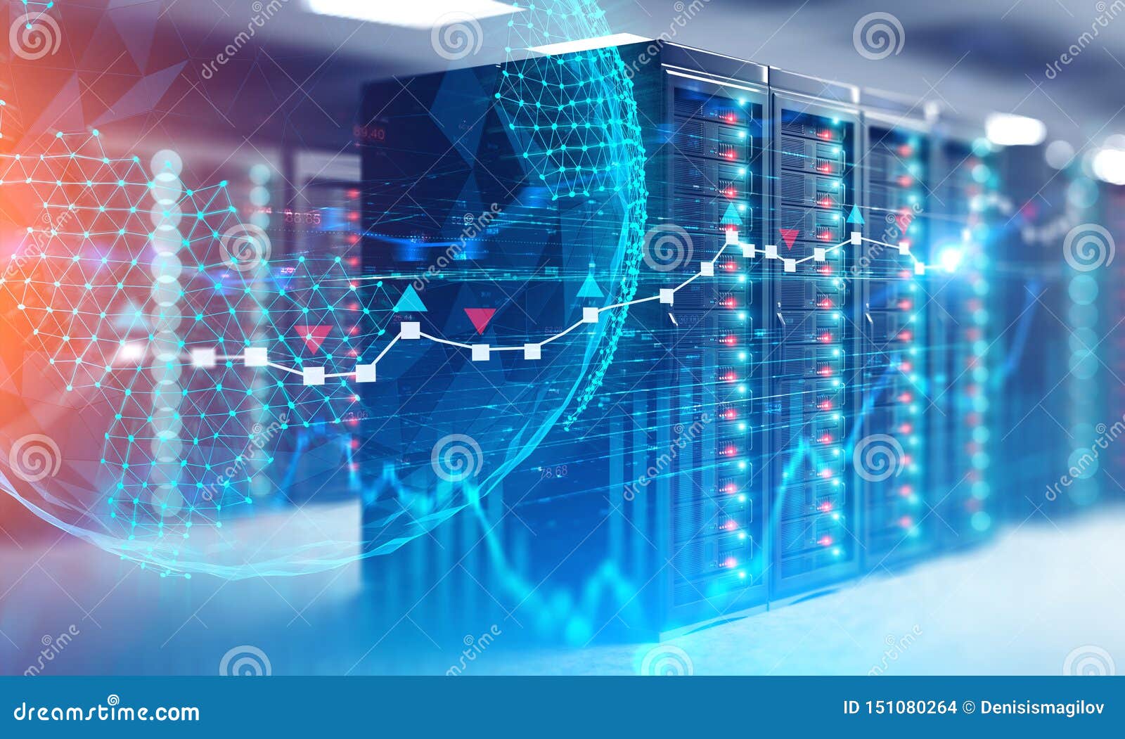 Graphs and Network Hologram in Server Room Stock Illustration ...