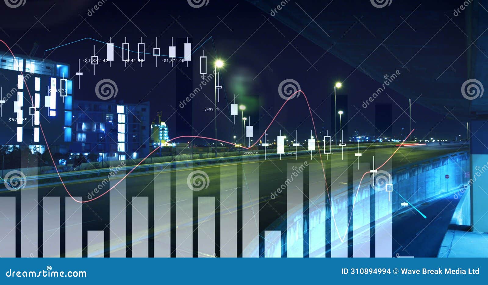 Graphs Overlay a Nighttime Cityscape with Illuminated Streets Stock ...