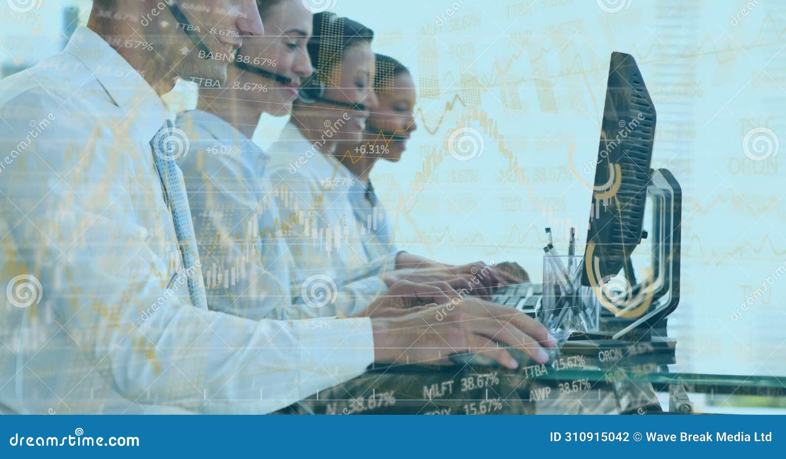 Graphs and Stats Overlay Diverse Call Center Team Engaging and Smiling ...