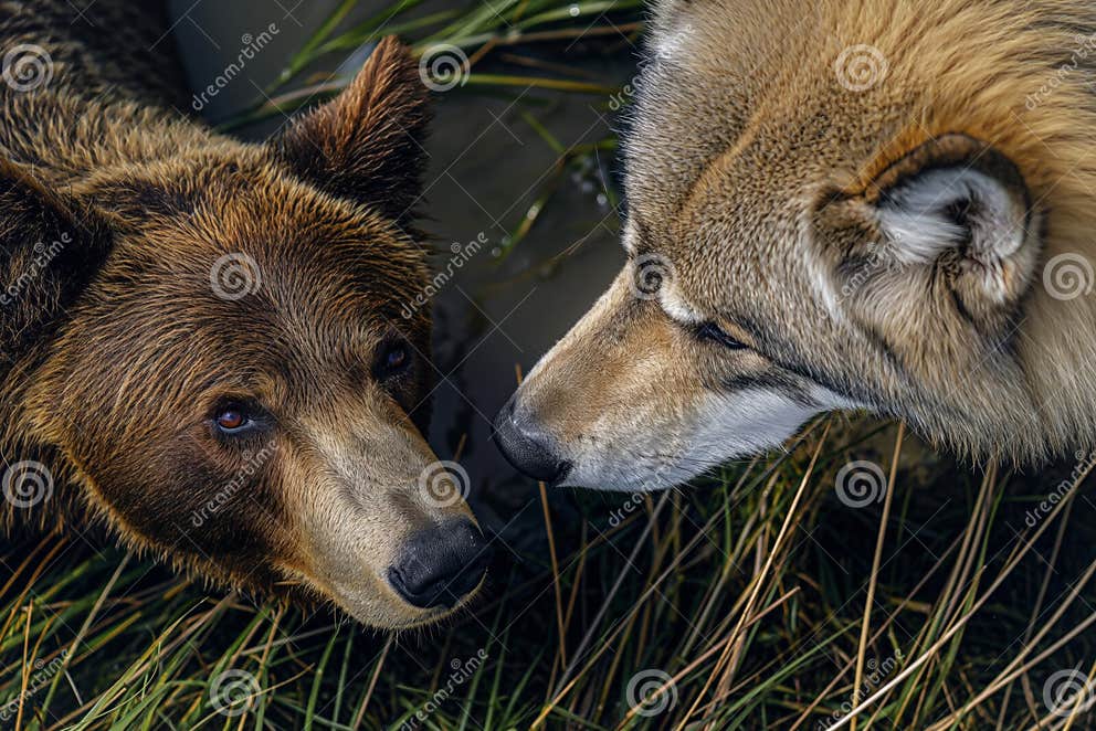 In the Grass, a Bear and a Wolf are Observing Each Other Stock Image ...
