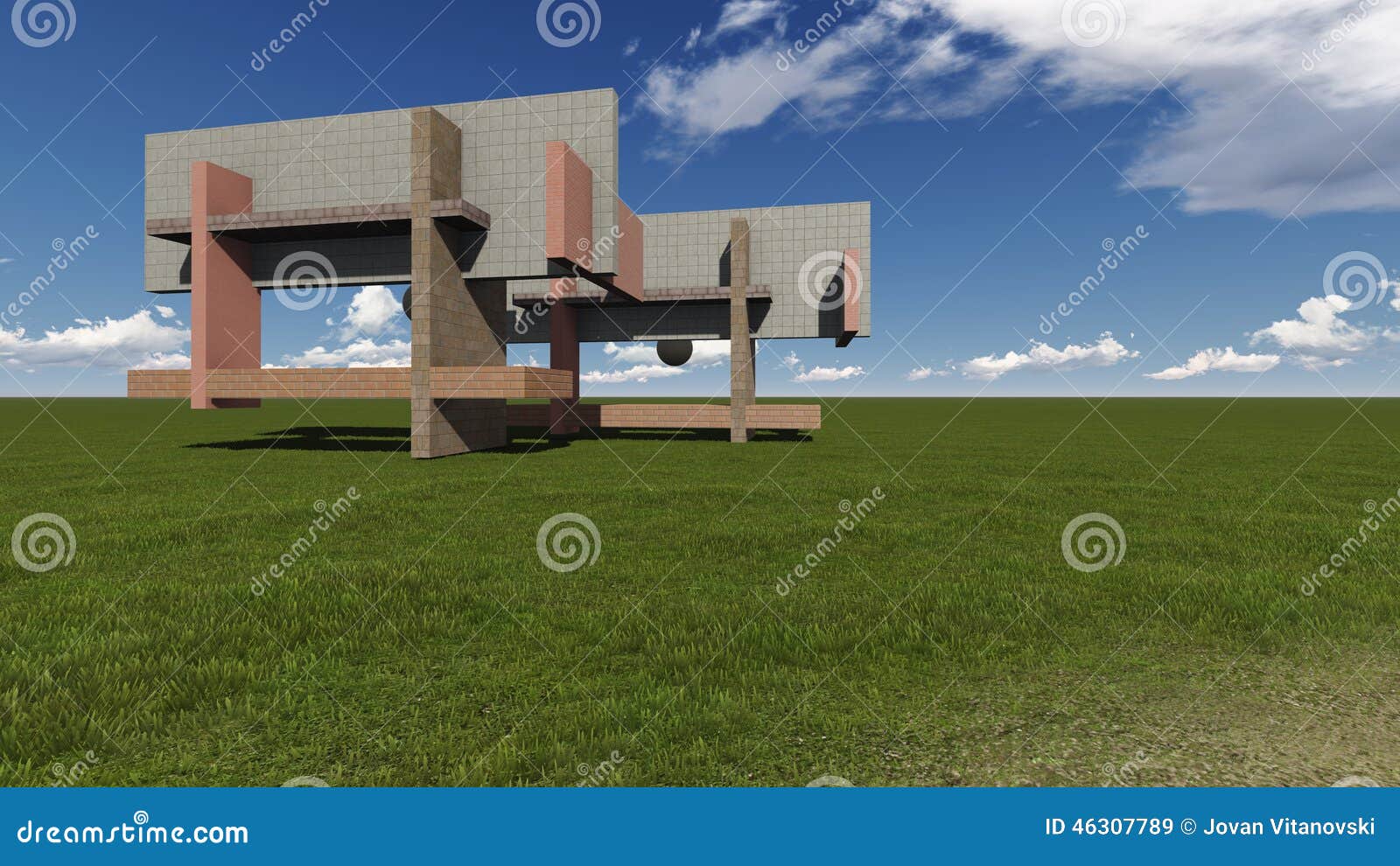 Grass Field with Pillars and Walls Stock Illustration - Illustration of ...