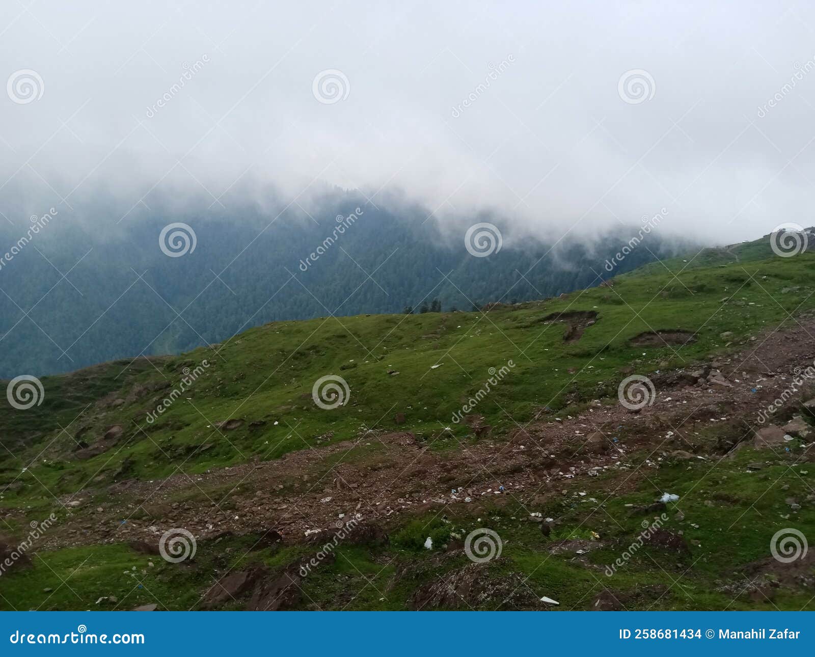 Aesthetic Grass Land, Mountains, Clouds, Mist Stock Photo - Image of ...