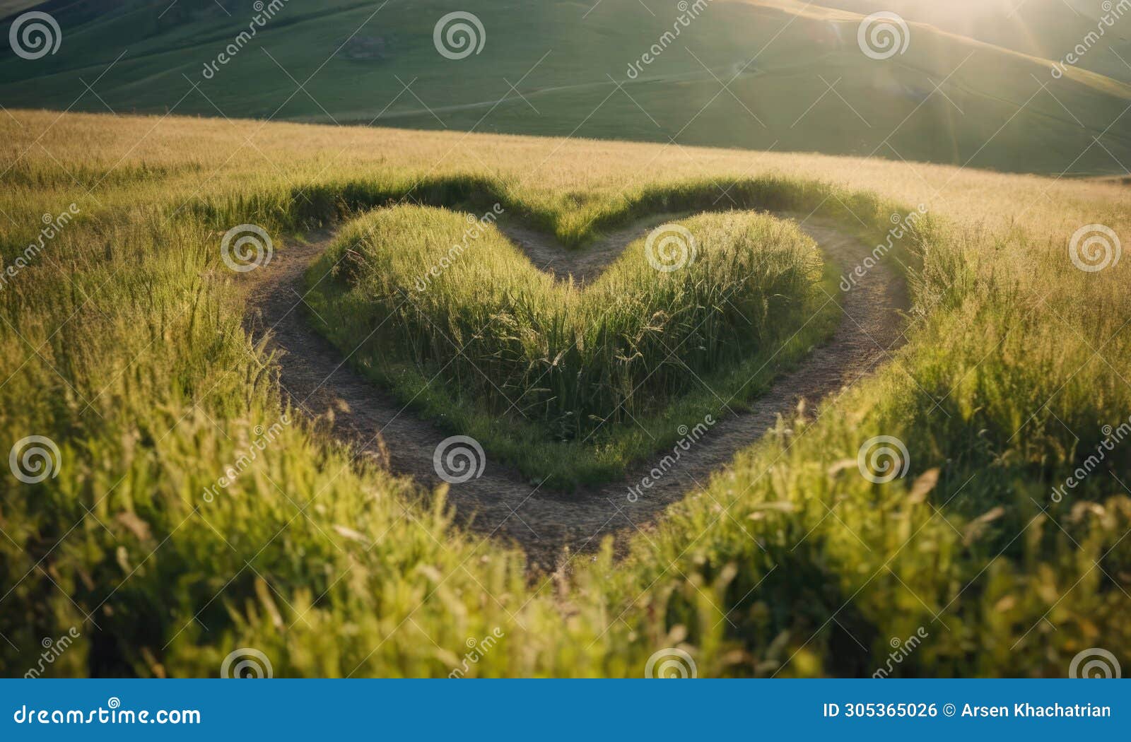 The Grass on the Overgrown Hillside is Divided by a Heart-shaped Path ...