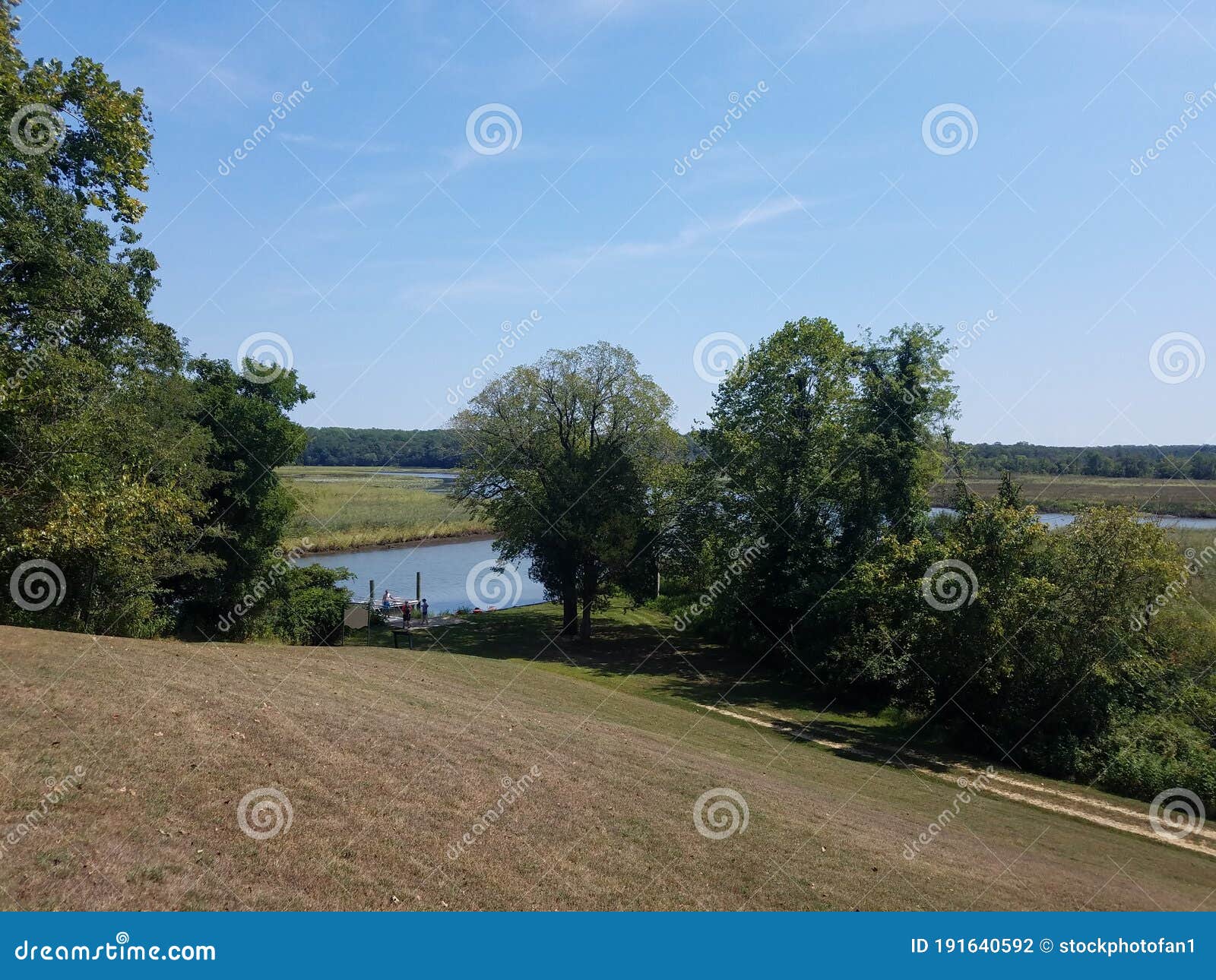 Grass with River Water and Trees Outdoor and Blue Sky Stock Photo ...