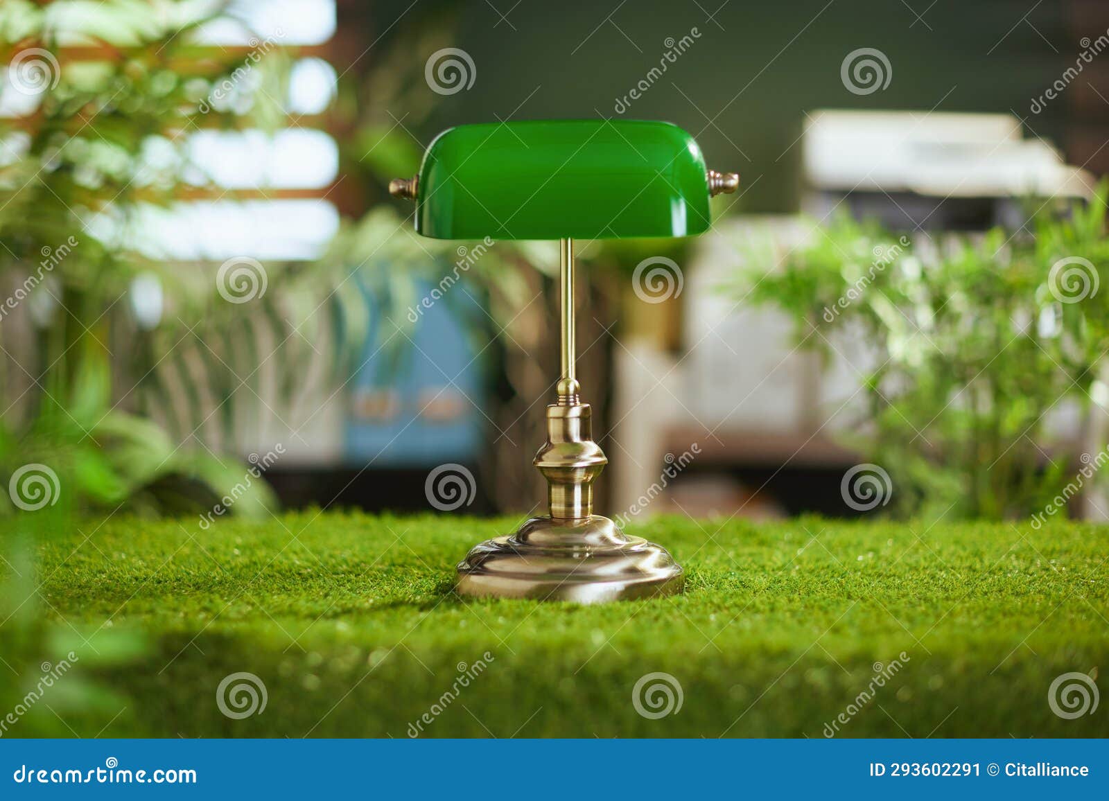 Grass Table in Modern Green Office with Lamp Stock Image - Image of ...