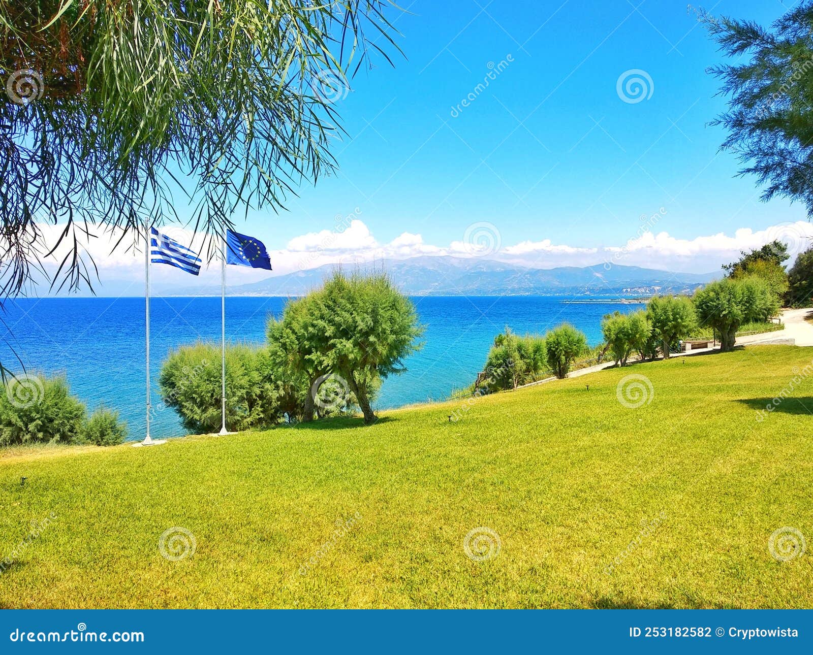 Grass Trees Sea Flags stock photo. Image of beach, trees - 253182582