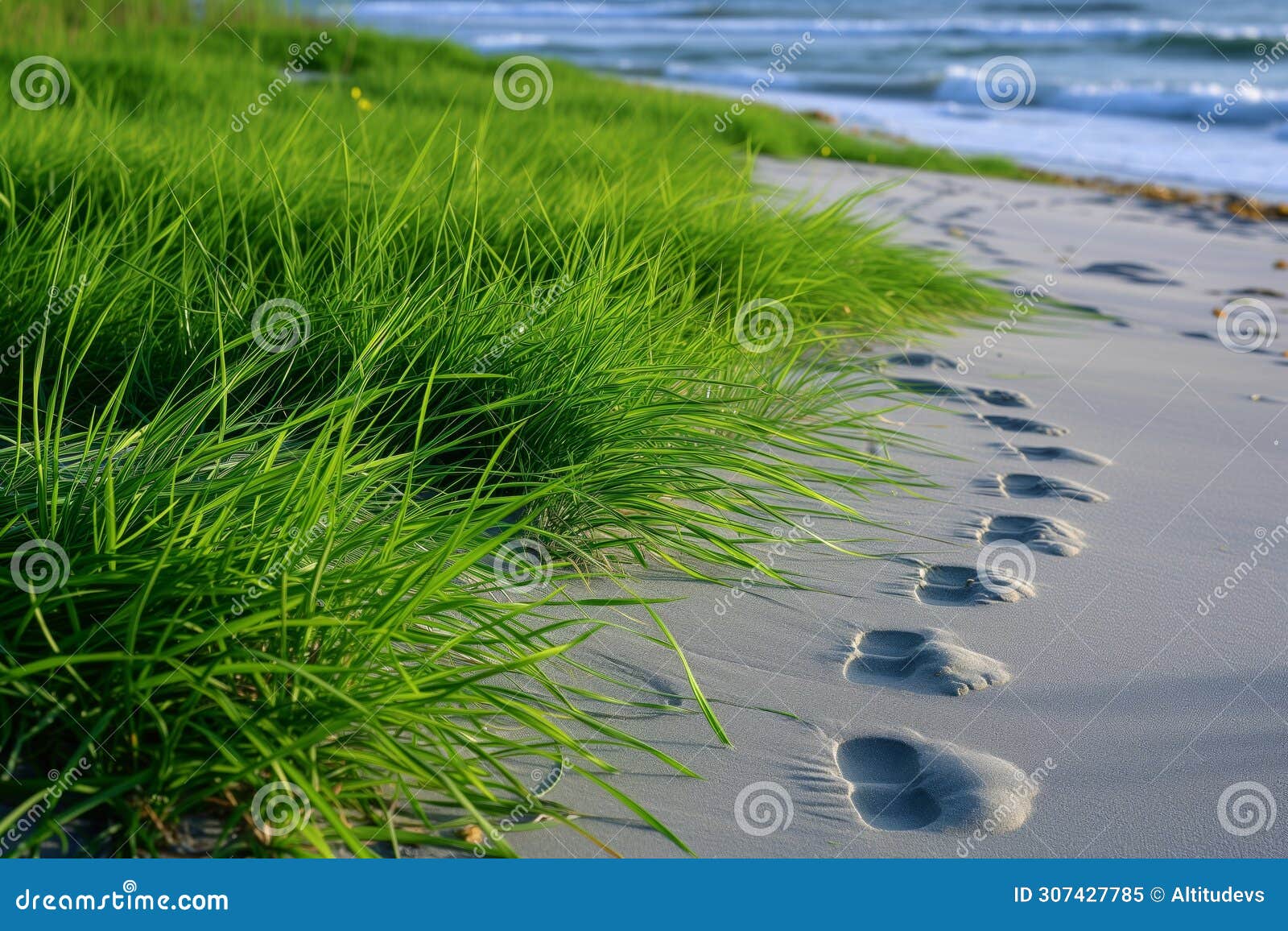 Grass Wave with Footprints Leading To the Shoreline Stock Image - Image ...