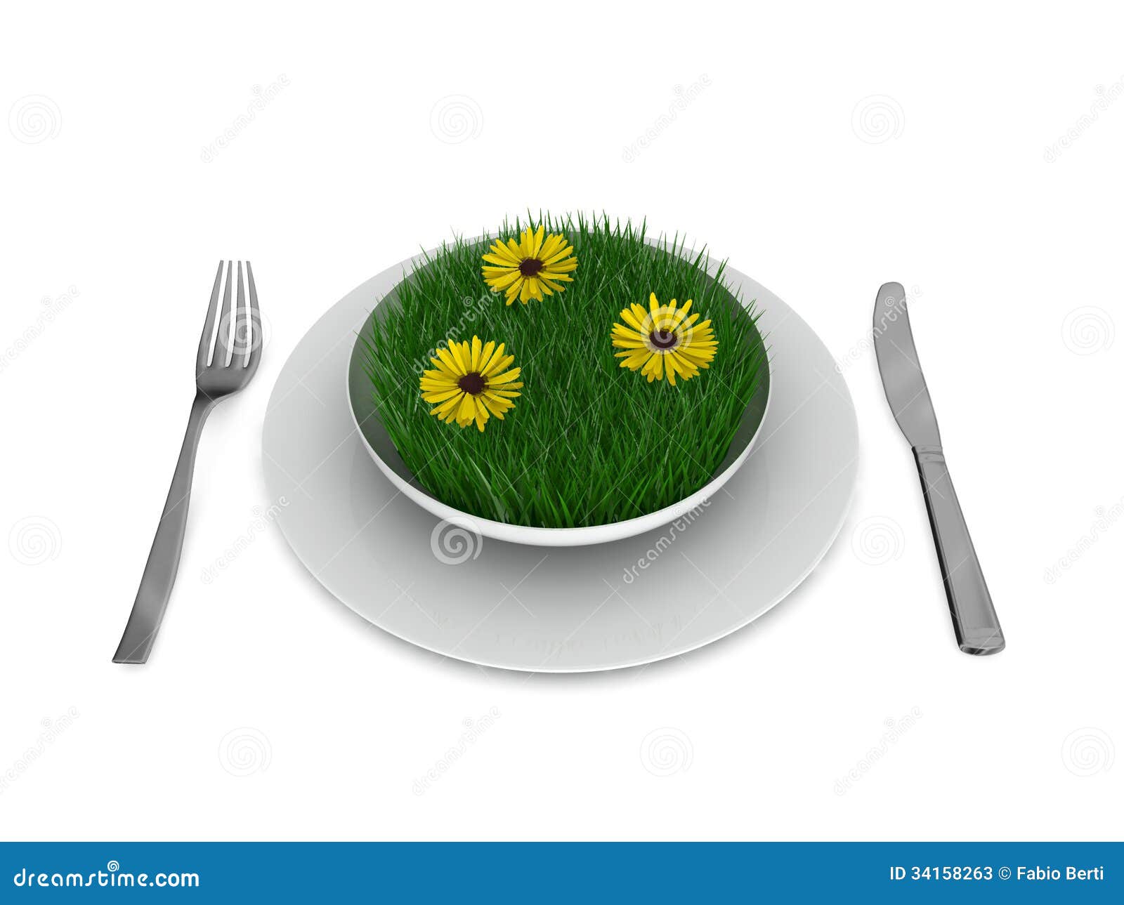 Grass and Yellow Flowers in a Plate, with Fork and Knife Stock ...