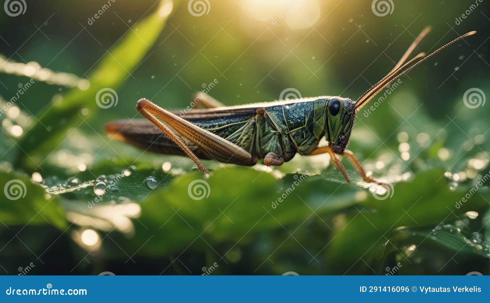 Grasshopper Sitting on a Green Leaf in the Rain. Stock Photo - Image of ...
