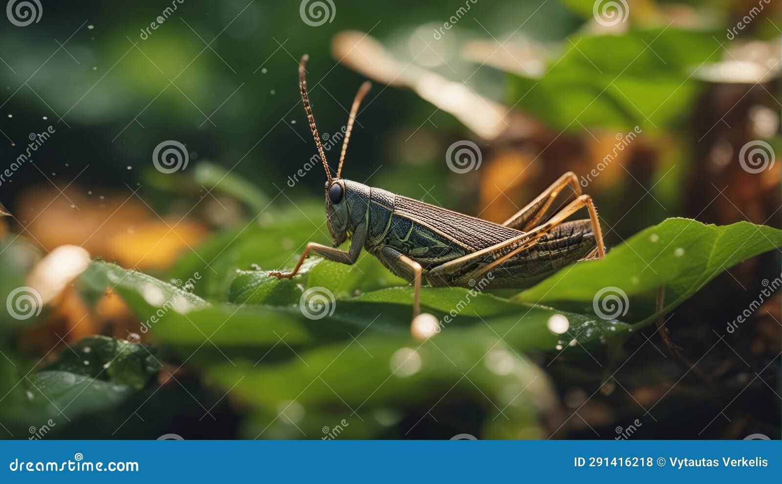 Grasshopper Sitting on a Green Leaf in the Rain. Stock Photo - Image of ...