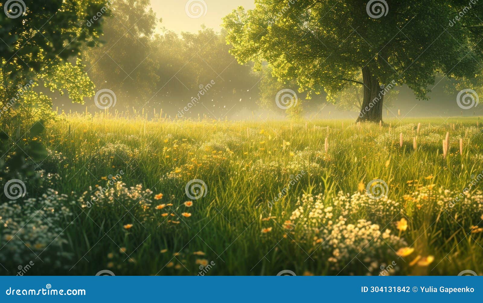 A Grassy Field Full of Wildflowers and Trees Stock Photo - Image of ...