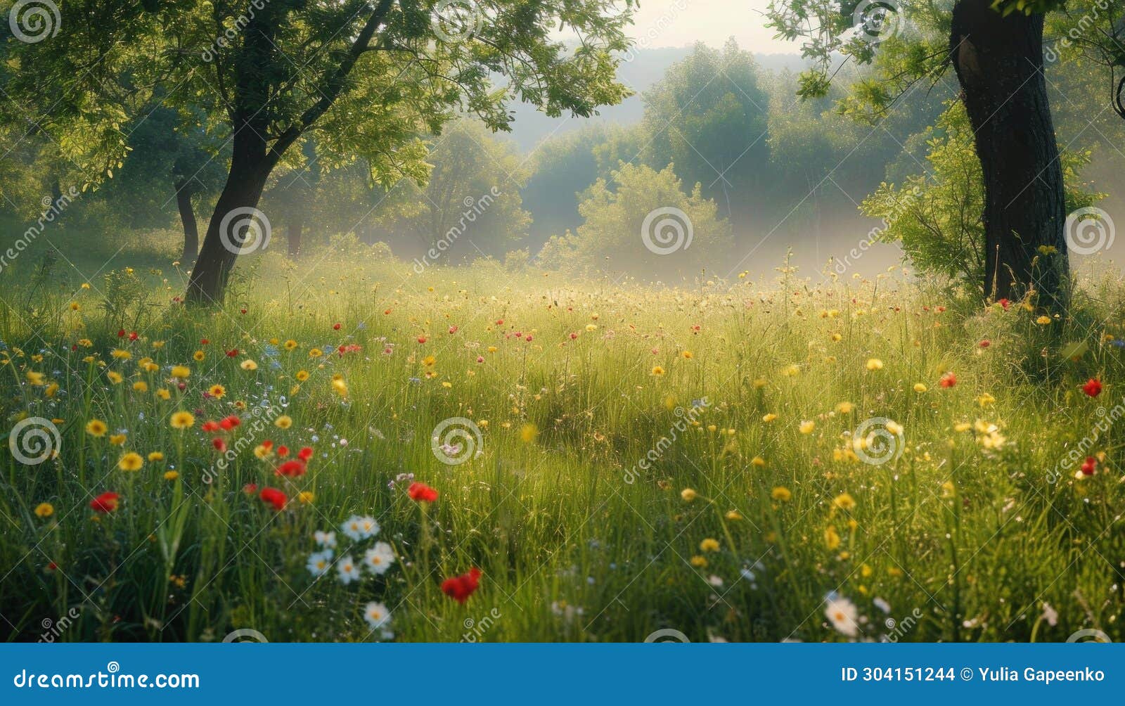 A Grassy Field Full of Wildflowers and Trees Stock Photo - Image of ...