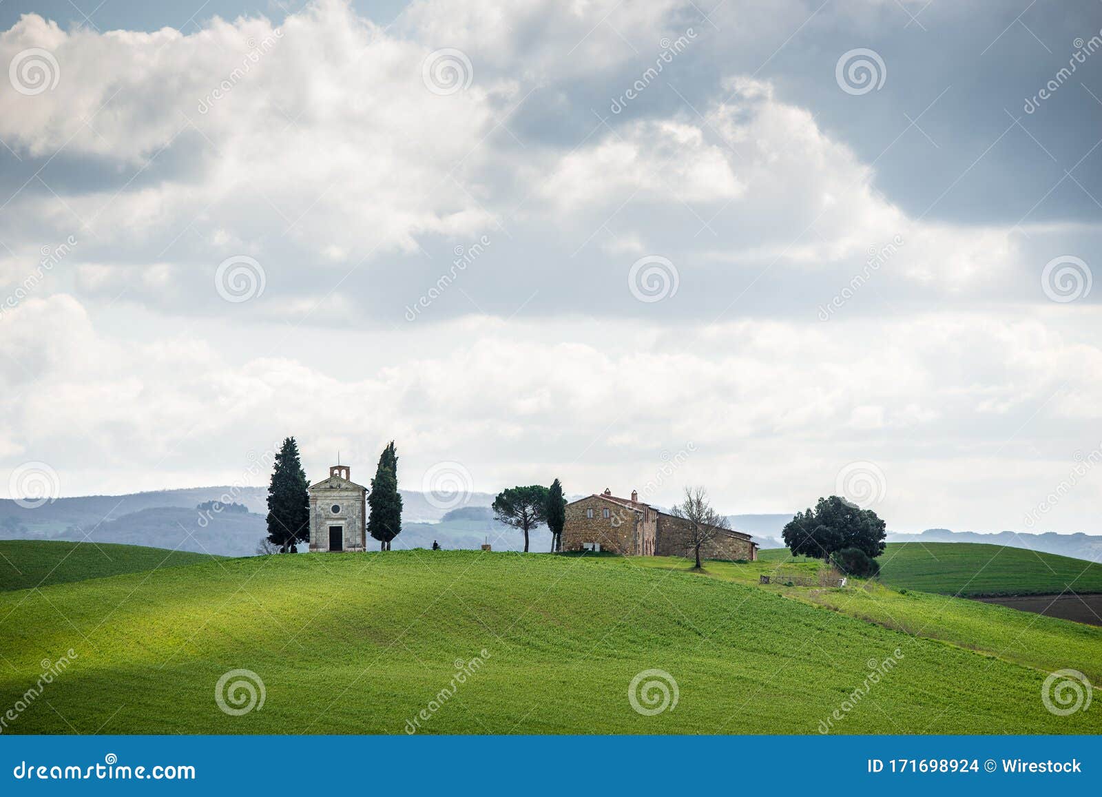 Grassy Field with Trees and Buildings in the Distance Under a Cloudy ...