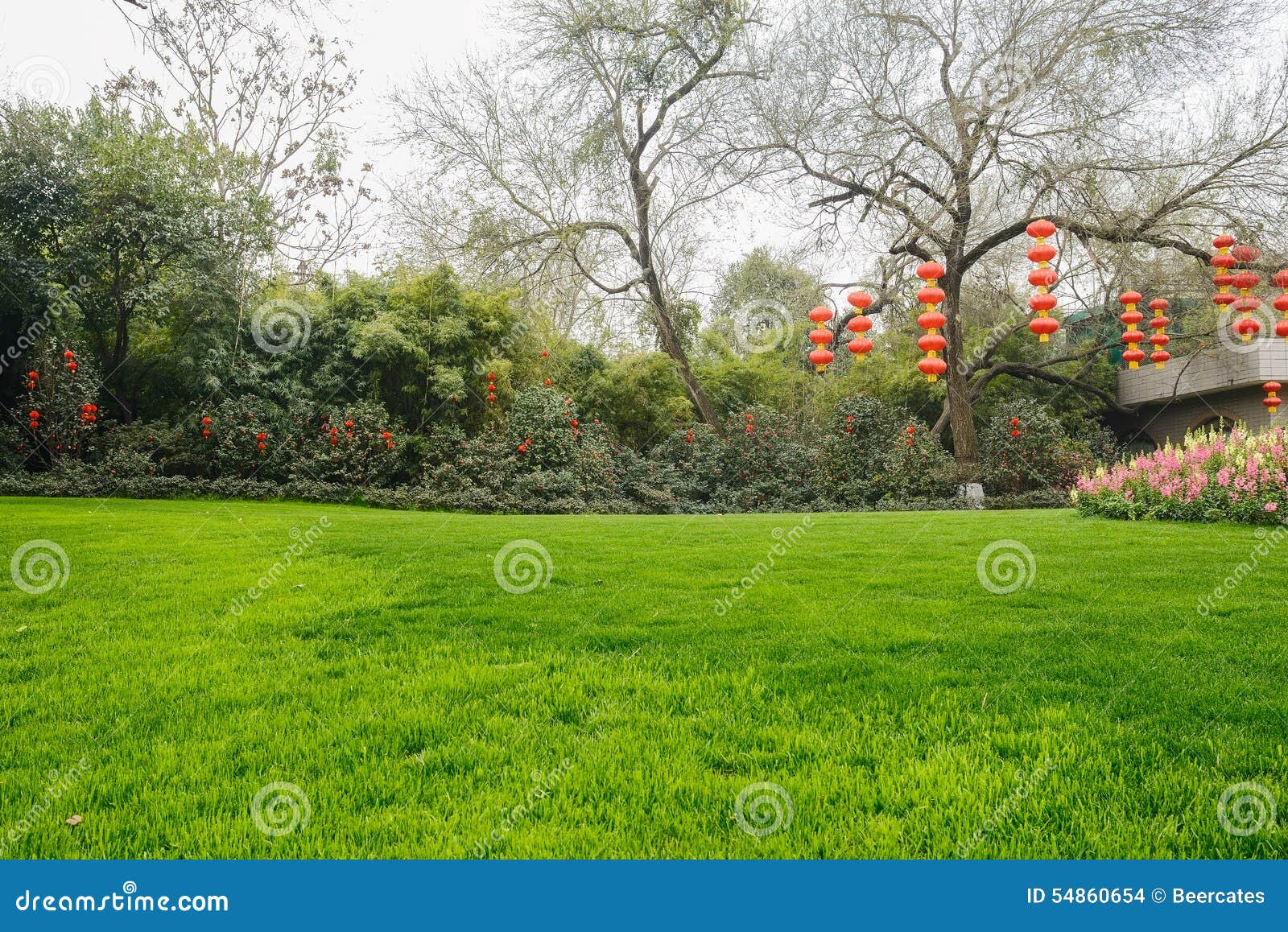 Grassy Lawn in Verdant Spring Stock Photo - Image of lantern, shrub ...