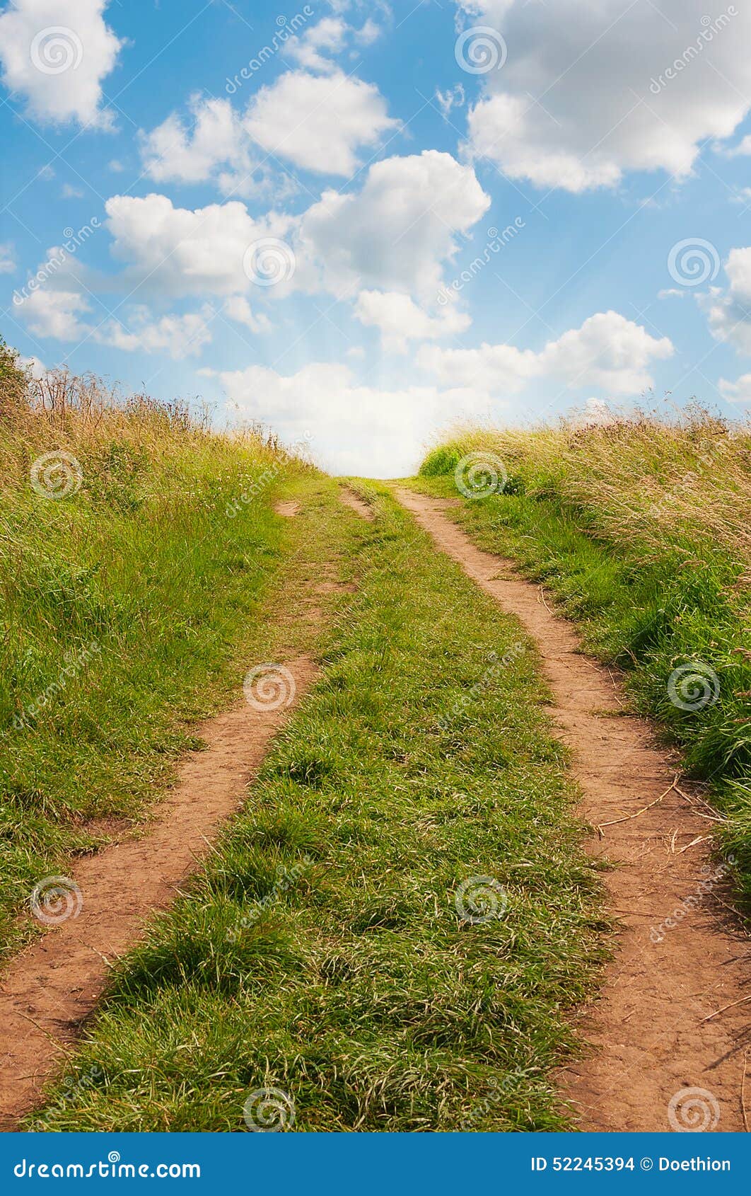 Grassy Path Facing Uphill with Blue Sky. Stock Photo - Image of field ...