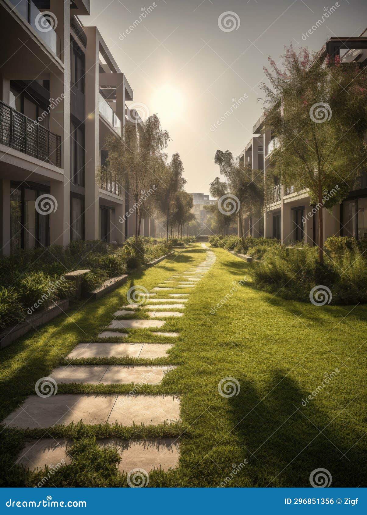 Grassy Path Leads To an Apartment Complex Stock Illustration ...