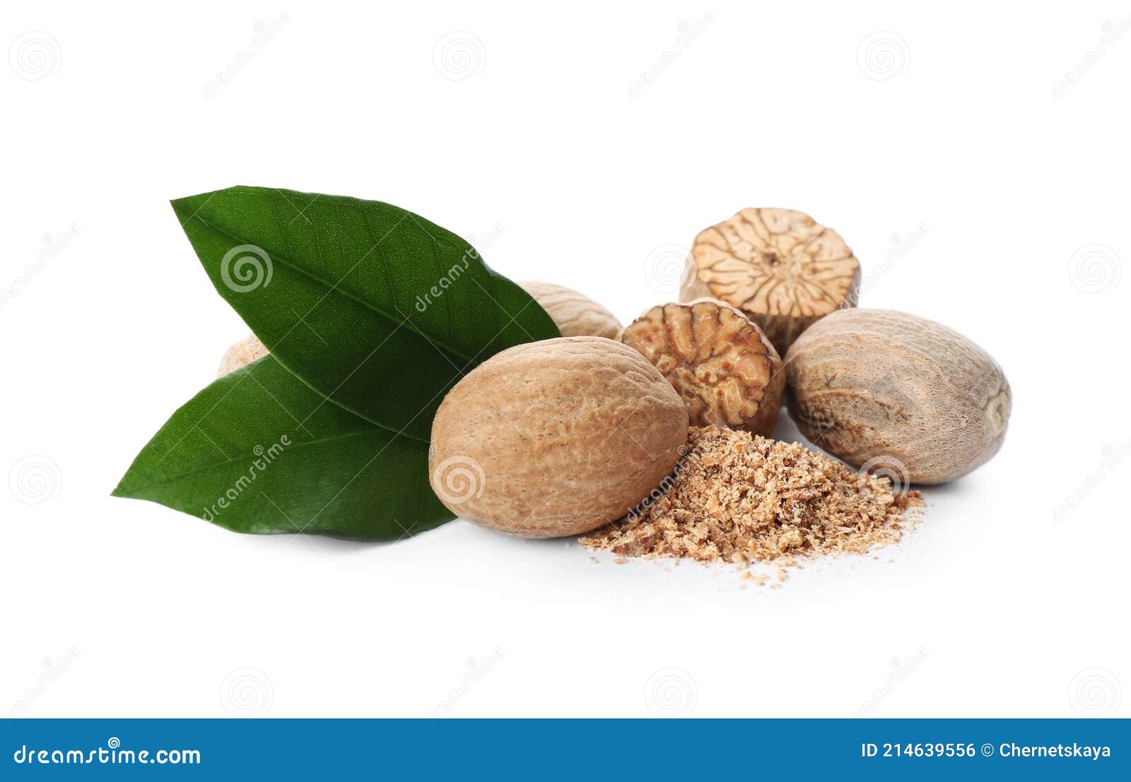 Grated Nutmeg and Seeds with Green Leaves on White Background Stock ...