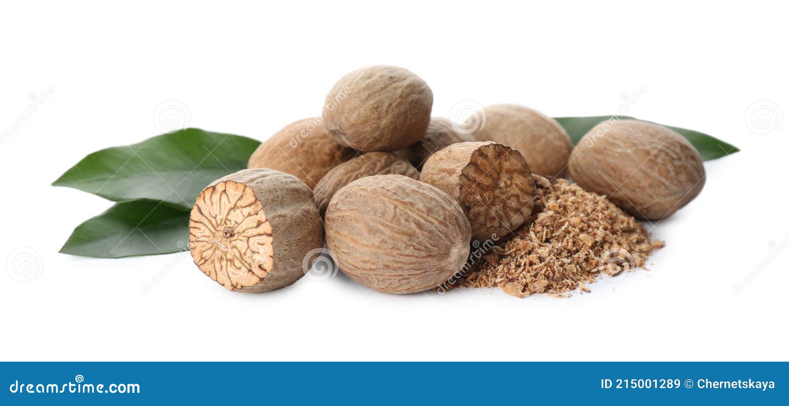 Grated Nutmeg and Seeds with Green Leaves on White Background Stock ...
