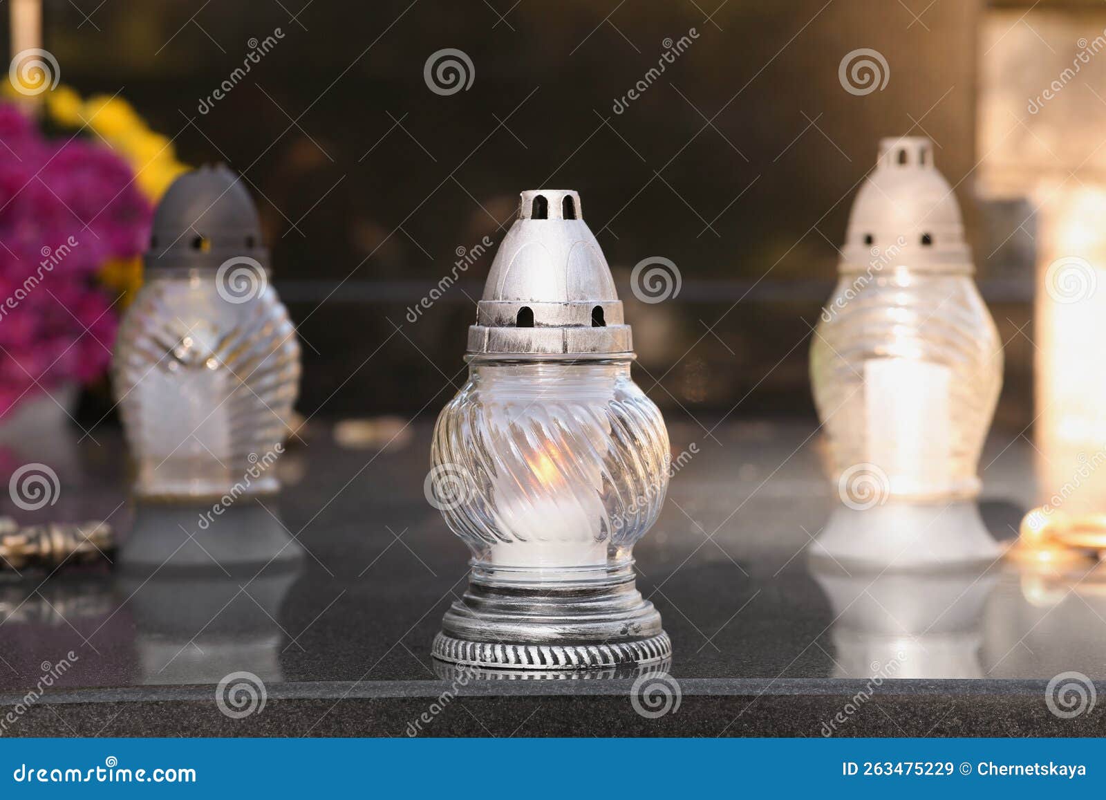 Grave Lanterns on Granite Surface in Cemetery Stock Image - Image of ...
