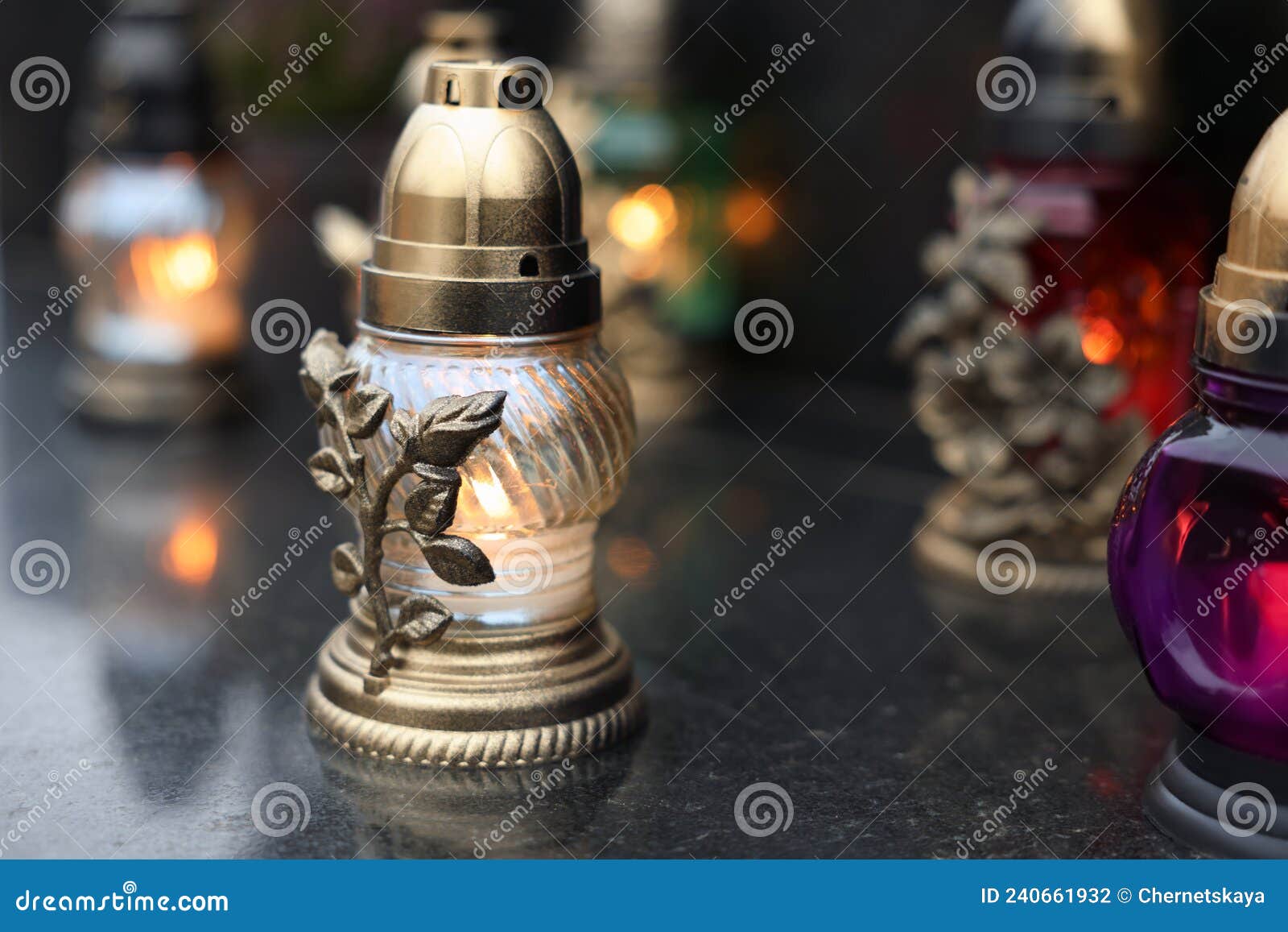 Grave Lights on Granite Surface at Cemetery Stock Photo - Image of ...