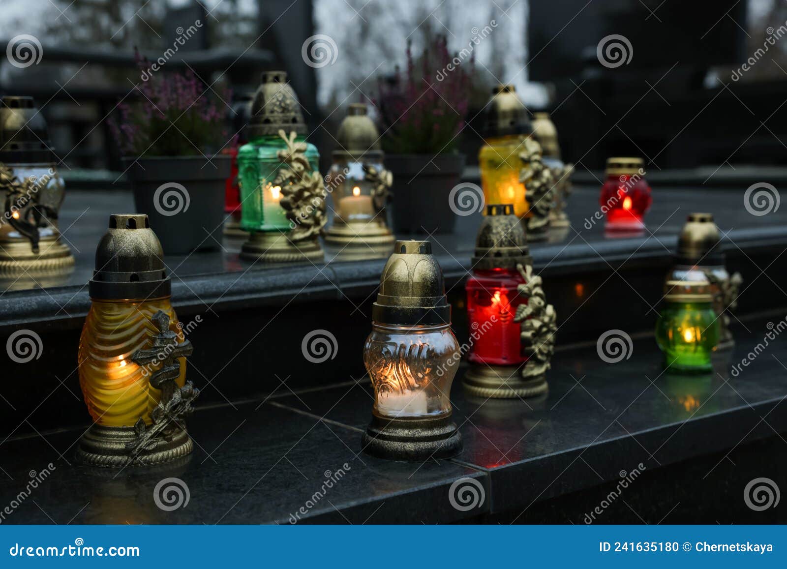 Grave Lights on Granite Surface at Cemetery Stock Photo - Image of ...