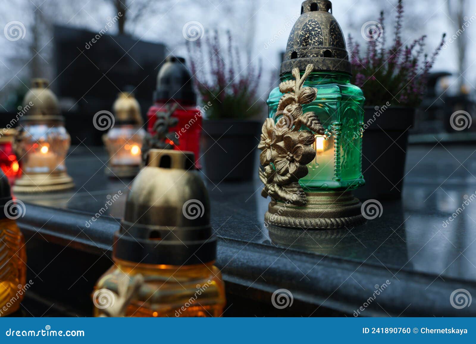 Grave Lights on Granite Surface at Cemetery Stock Photo - Image of ...