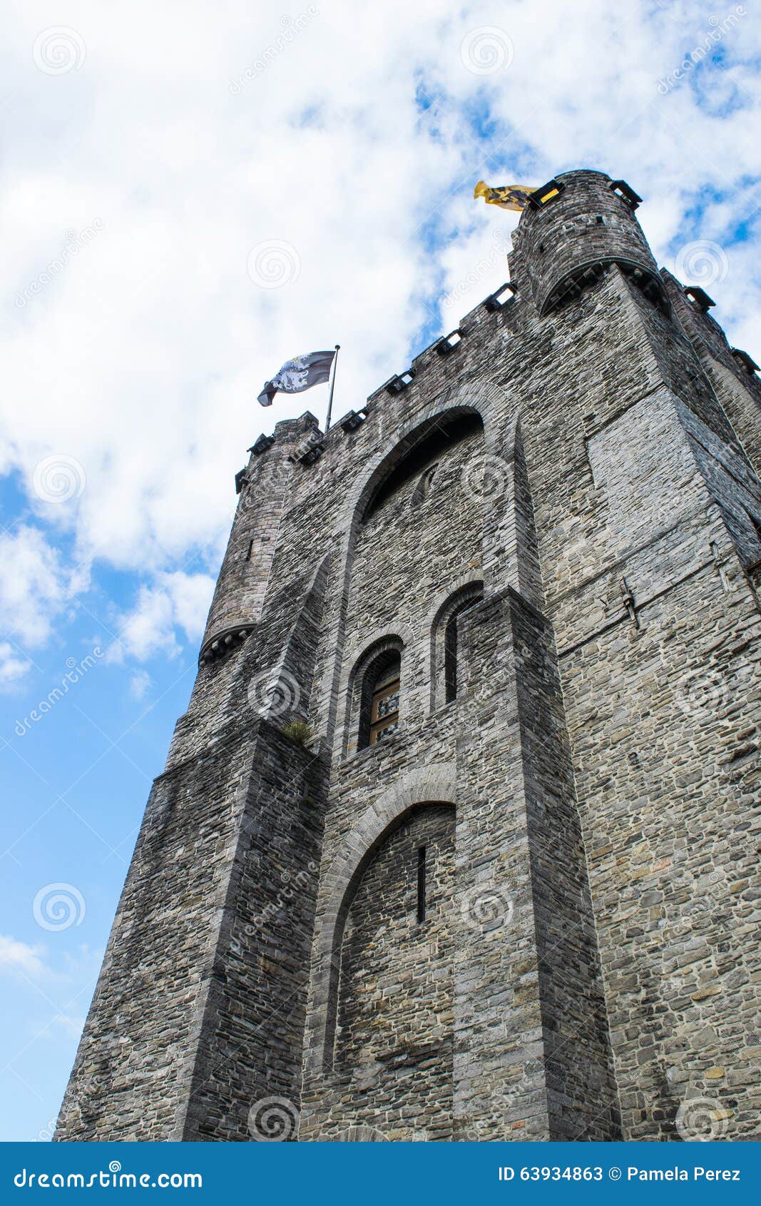 Gravensteen Castle with Flags, Ghante, Belgium Stock Image - Image of ...