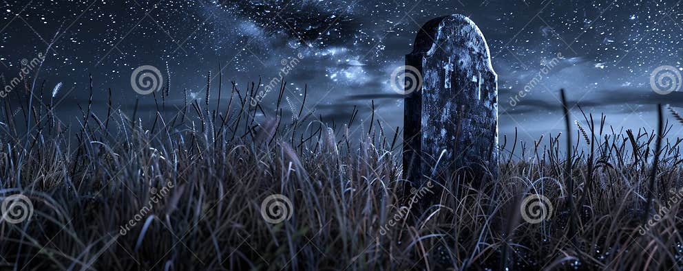Gravestone in a Field at Night with Starry Sky Stock Image - Image of ...