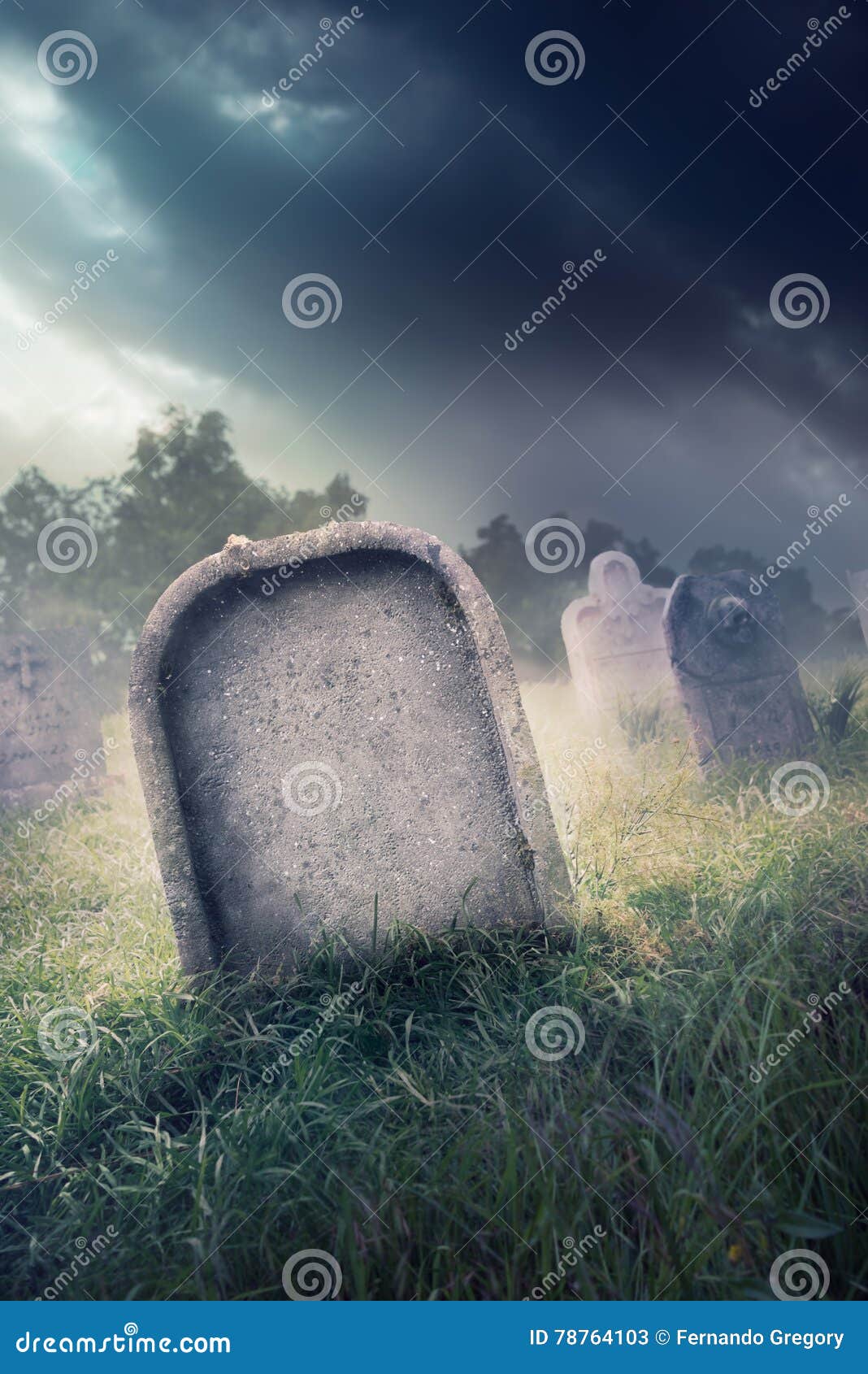 Gravestone with Fog and Dramatic Lighting Stock Image - Image of ...