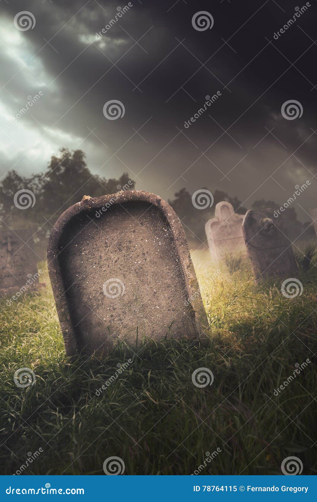 Gravestone with Fog and Dramatic Lighting Stock Image - Image of ...