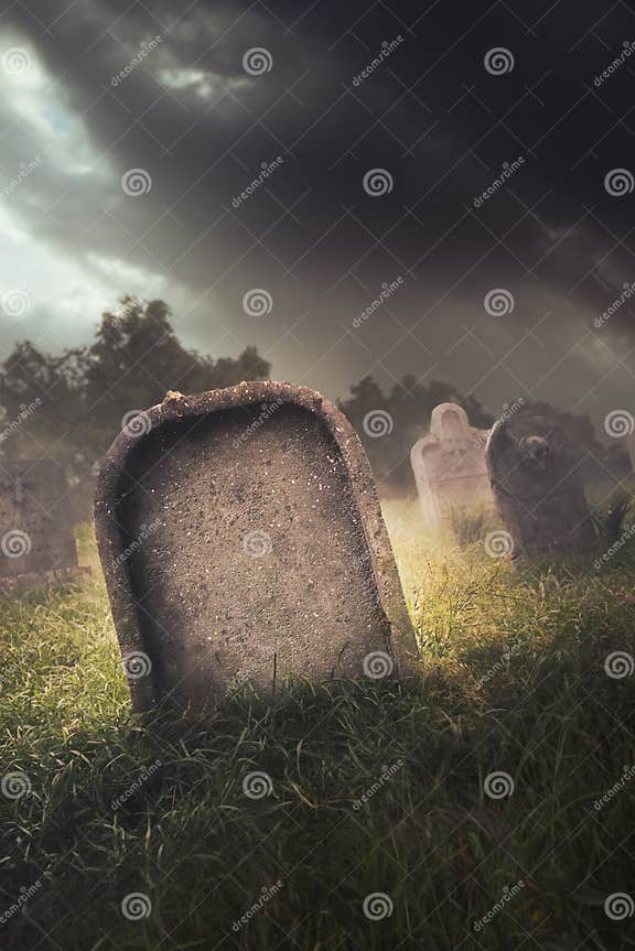 Gravestone with Fog and Dramatic Lighting Stock Image - Image of ...