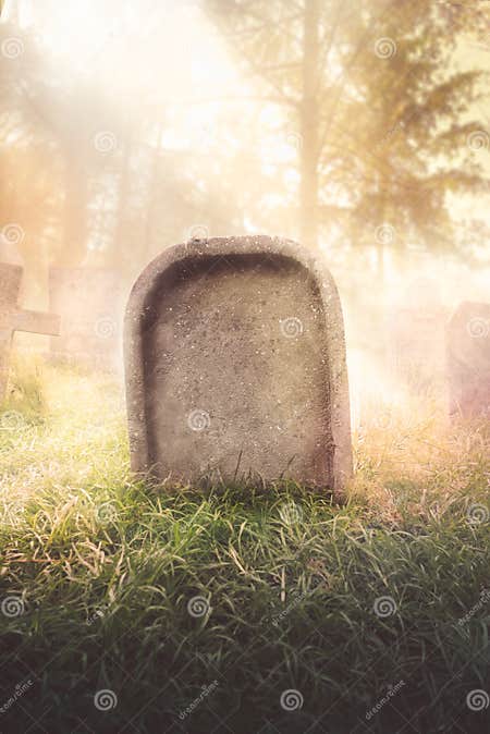 Gravestone with Fog and Dramatic Lighting Stock Image - Image of ...