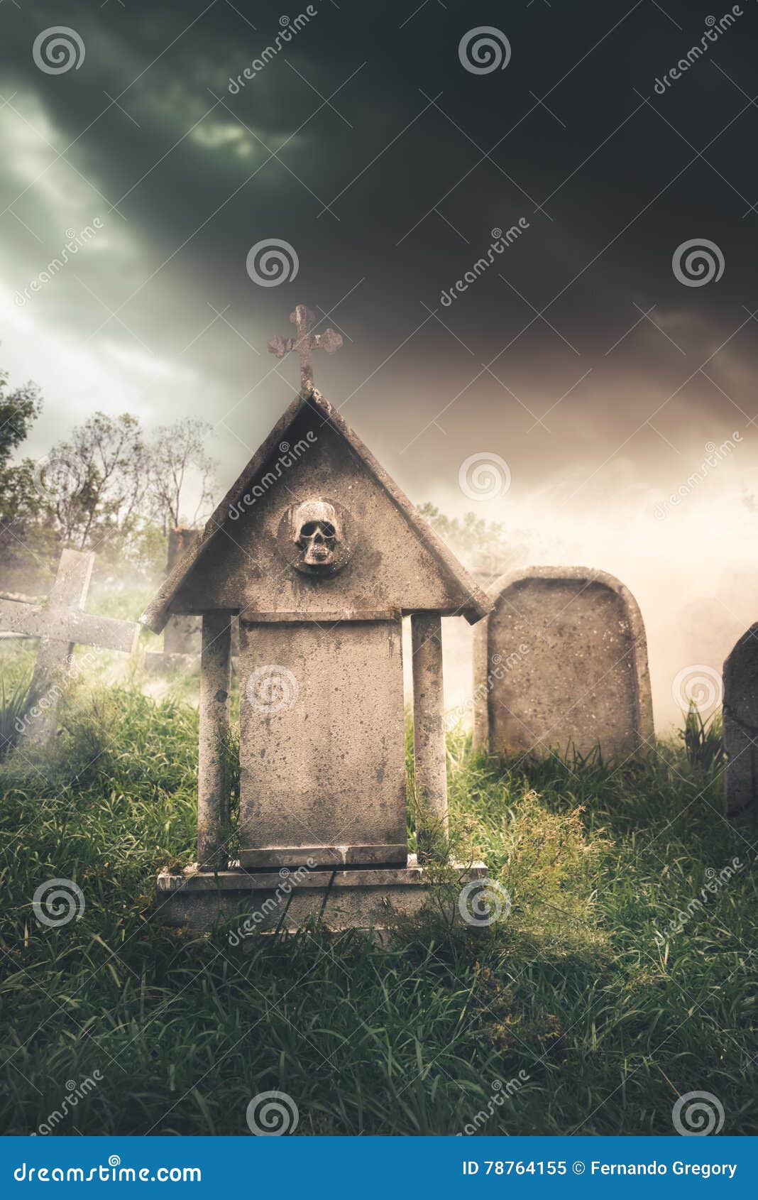 Gravestone with Fog and Dramatic Lighting Stock Image - Image of fear ...