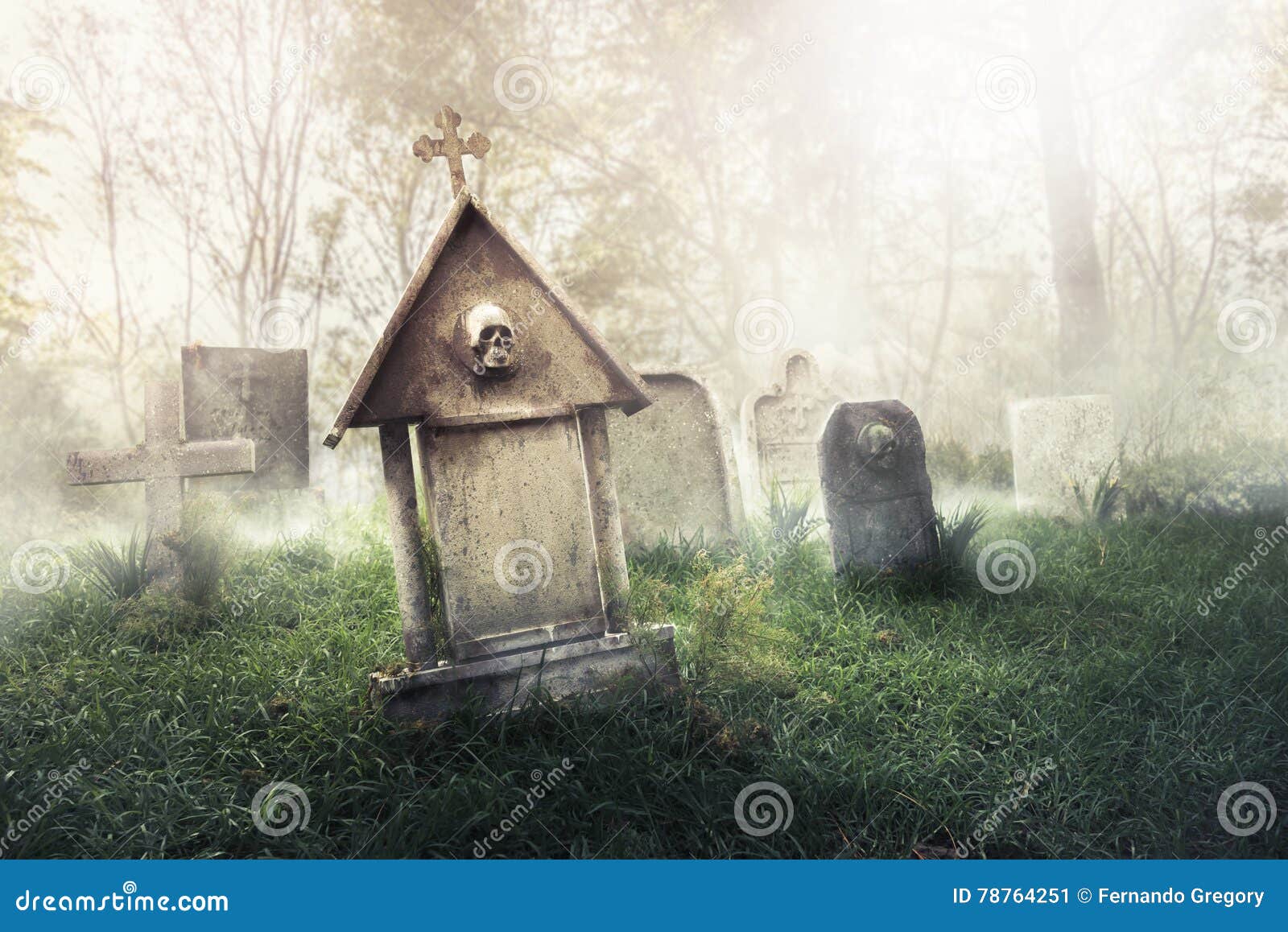 Gravestone with Fog and Dramatic Lighting Stock Image - Image of grunge ...