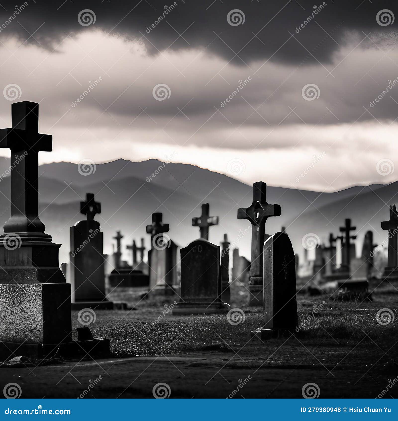 Gravestones in a Dark and Foreboding Cemetery, Created with Generative ...