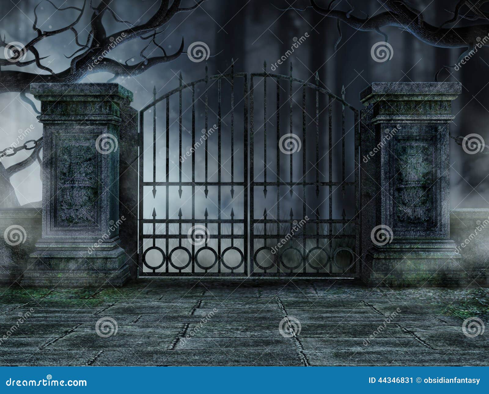 Graveyard gate with trees stock illustration. Illustration of tree ...